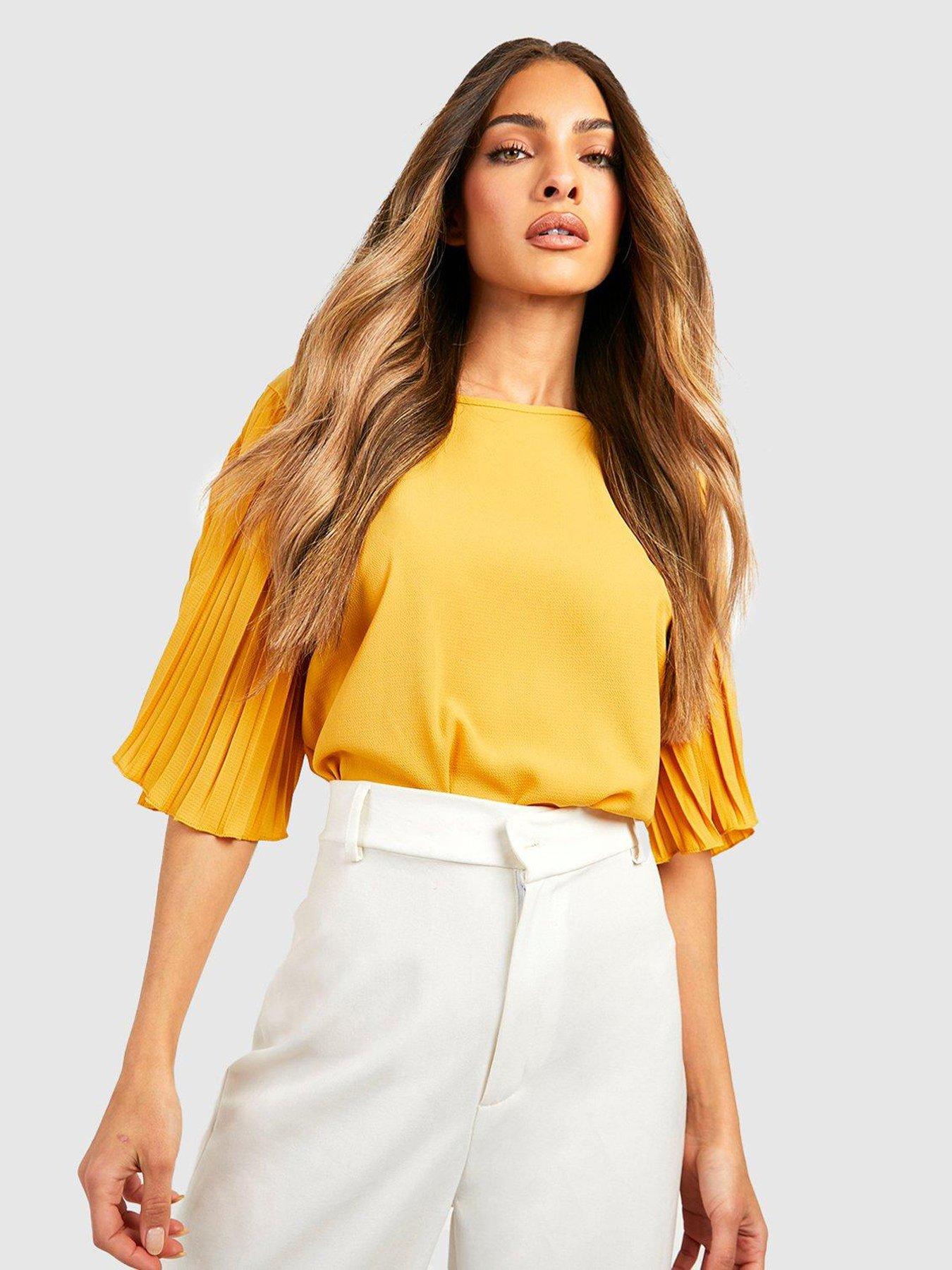 Boohoo Pleated Sleeve Woven Blouse - Ochre | very.co.uk