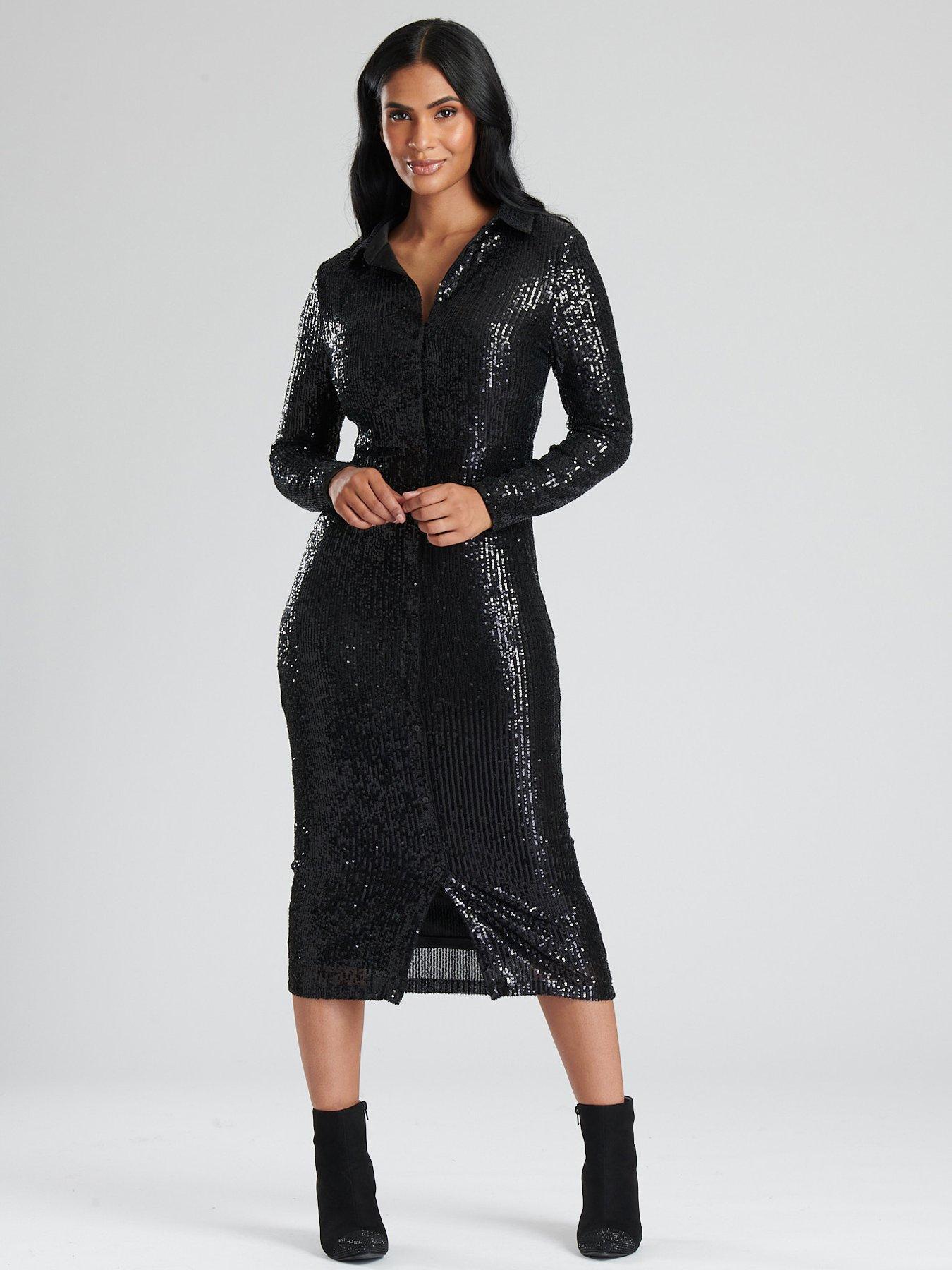 Finding Friday Black Sequin Midi Shirt Dress | Very