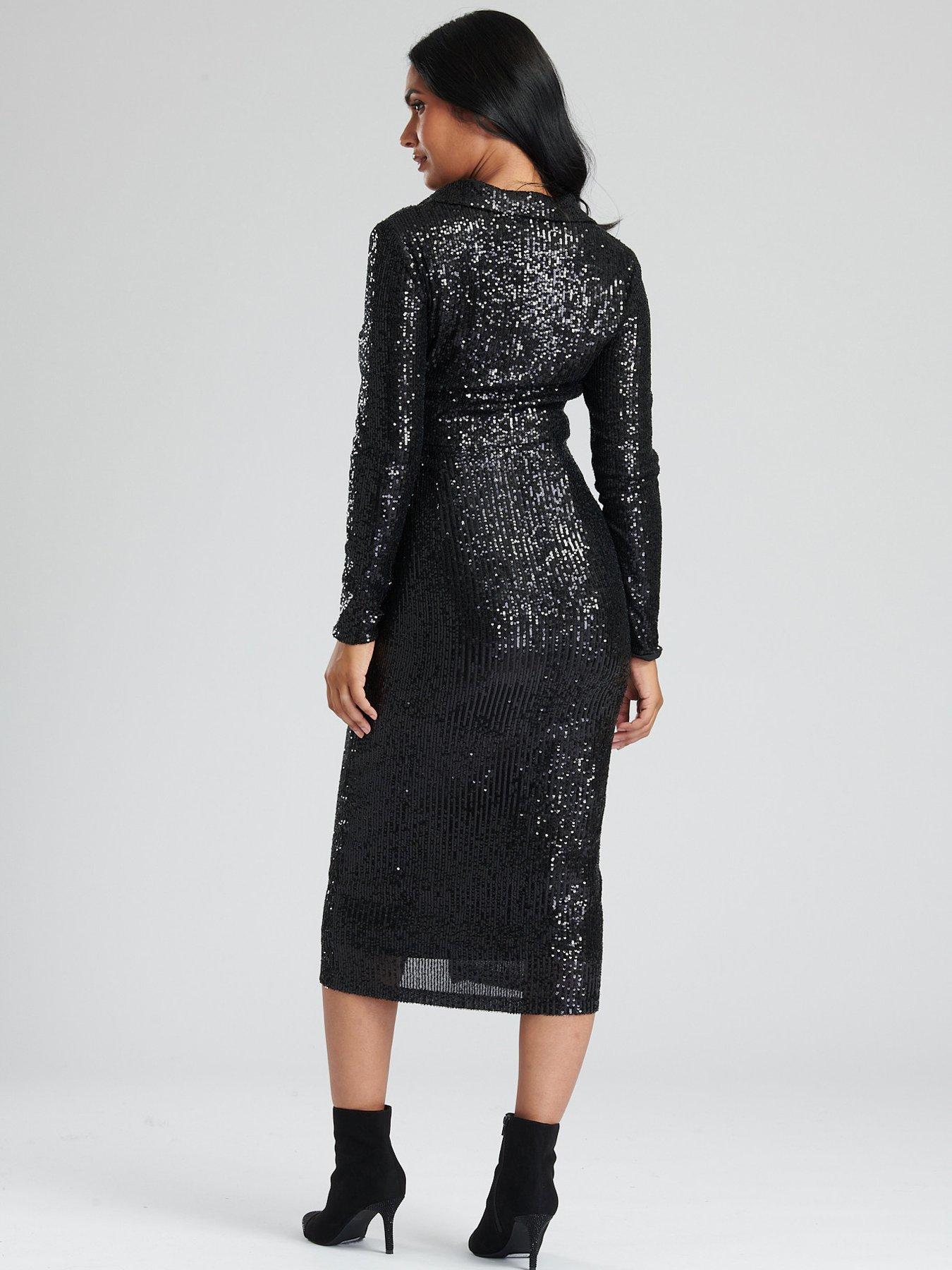 Finding Friday Black Sequin Midi Shirt Dress | very.co.uk