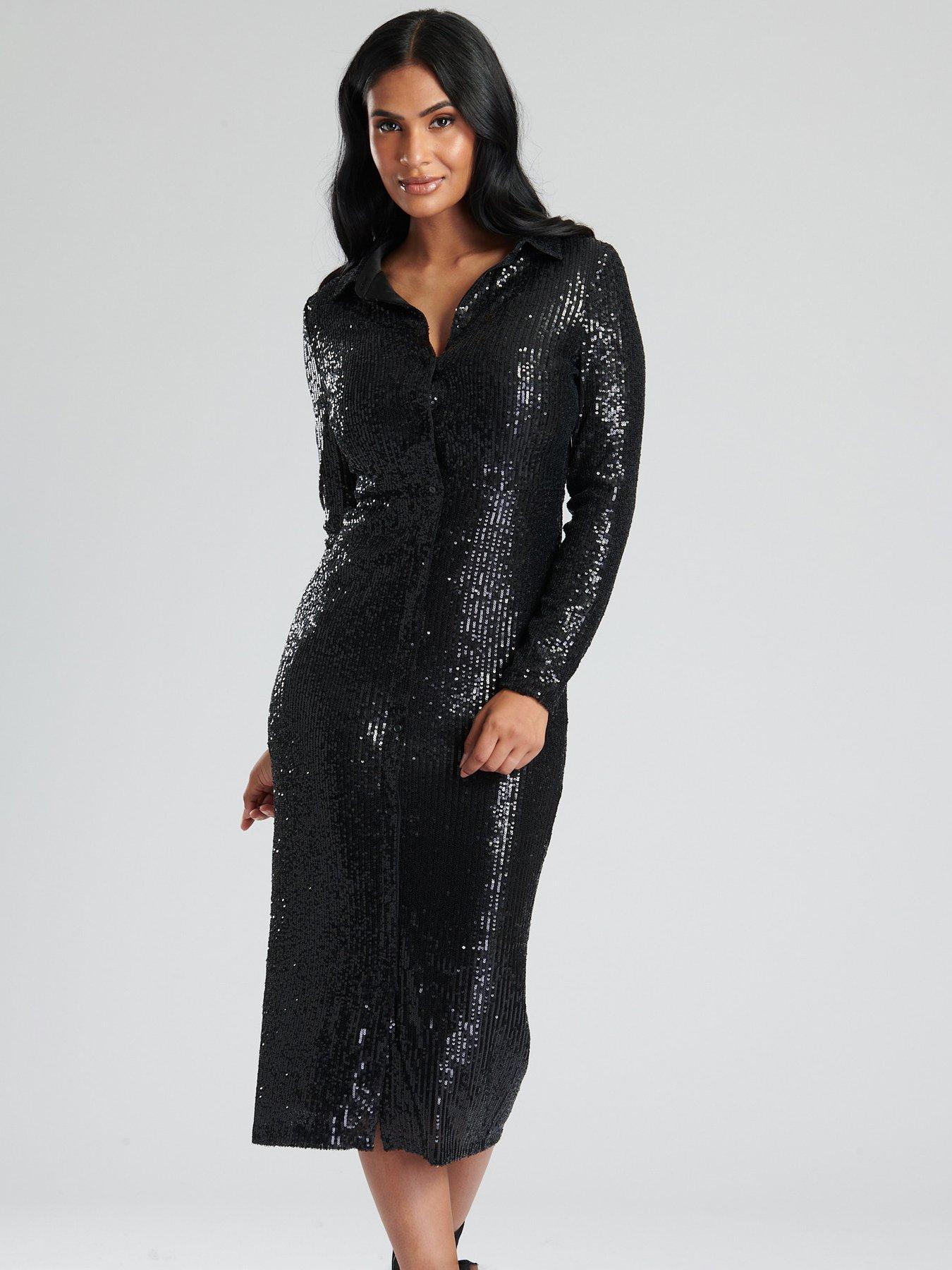 Finding Friday Black Sequin Midi Shirt Dress | Very
