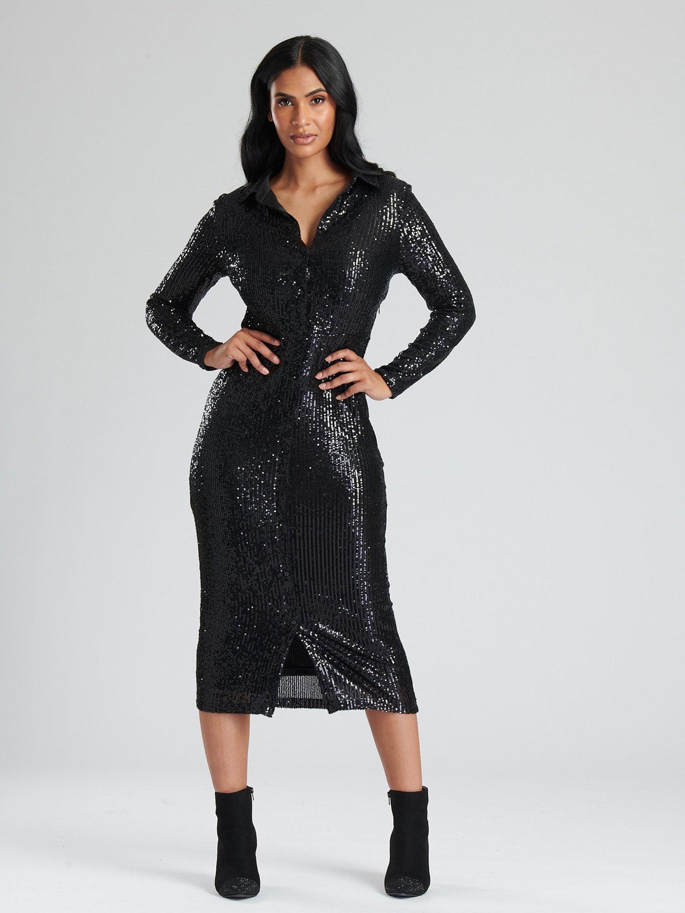 Finding Friday Black Sequin Midi Shirt Dress | Very