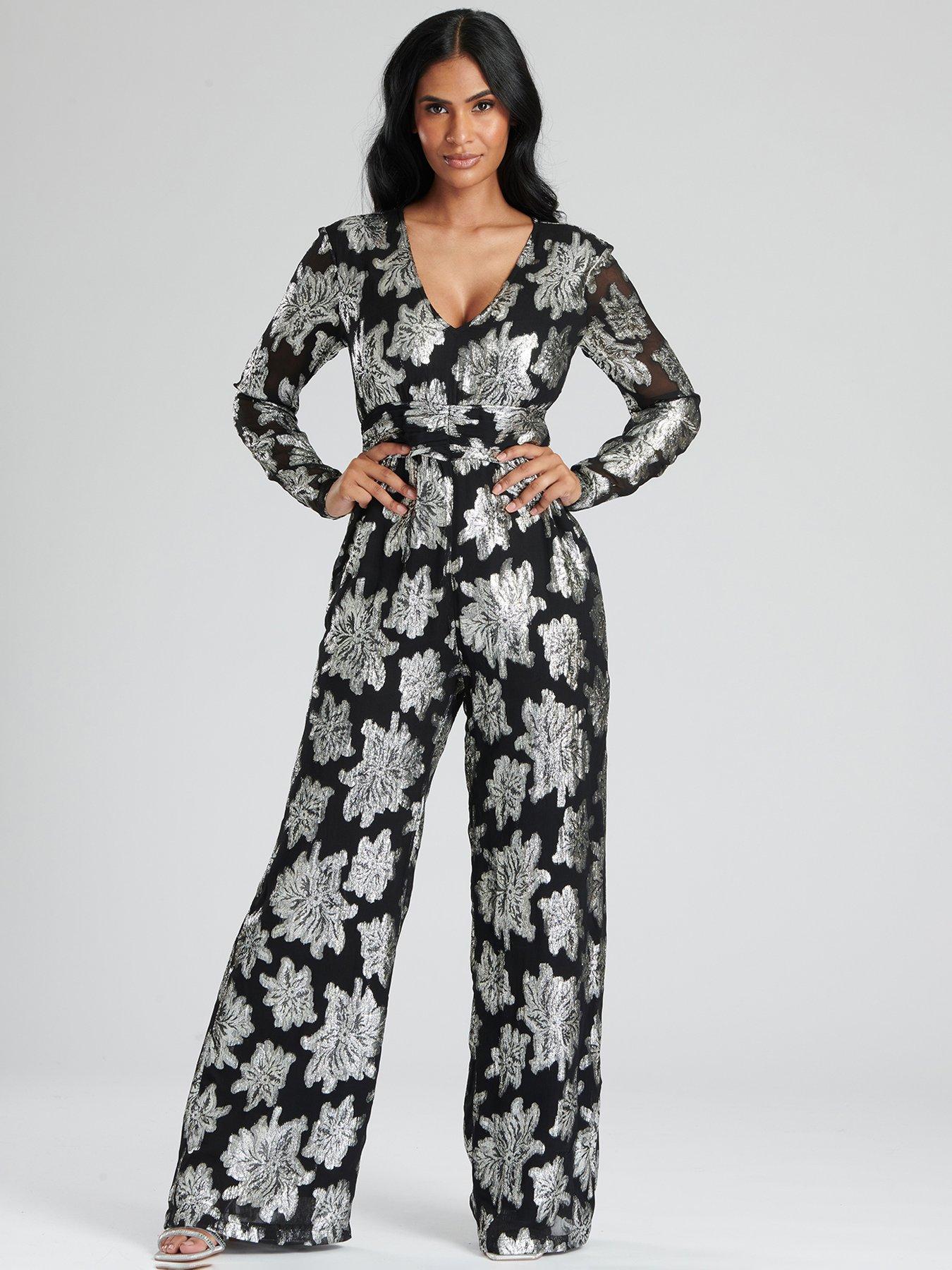 Finding Friday Silver Metallic Flower Long Sleeve Jumpsuit | Very