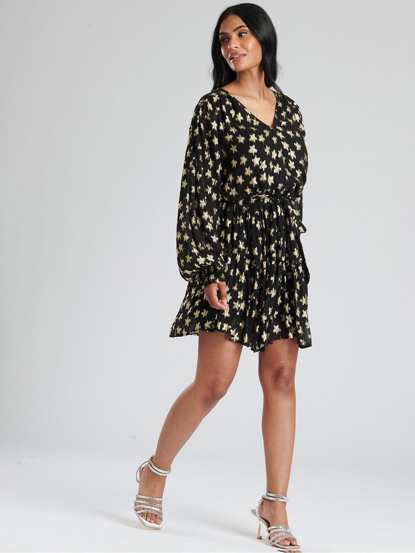 Finding Friday Black Metallic Star Long Sleeve Short Dress | Very