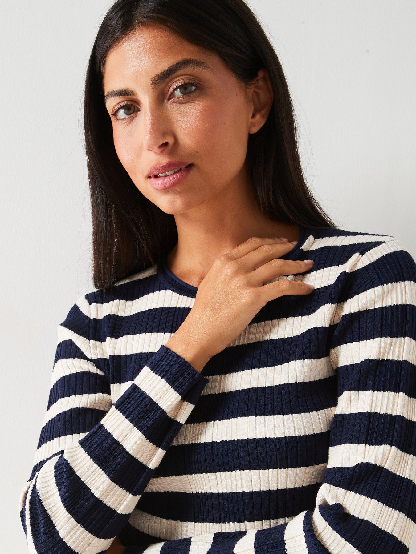 Everyday Ribbed Knitted Stripe Top - Navy / White | Very