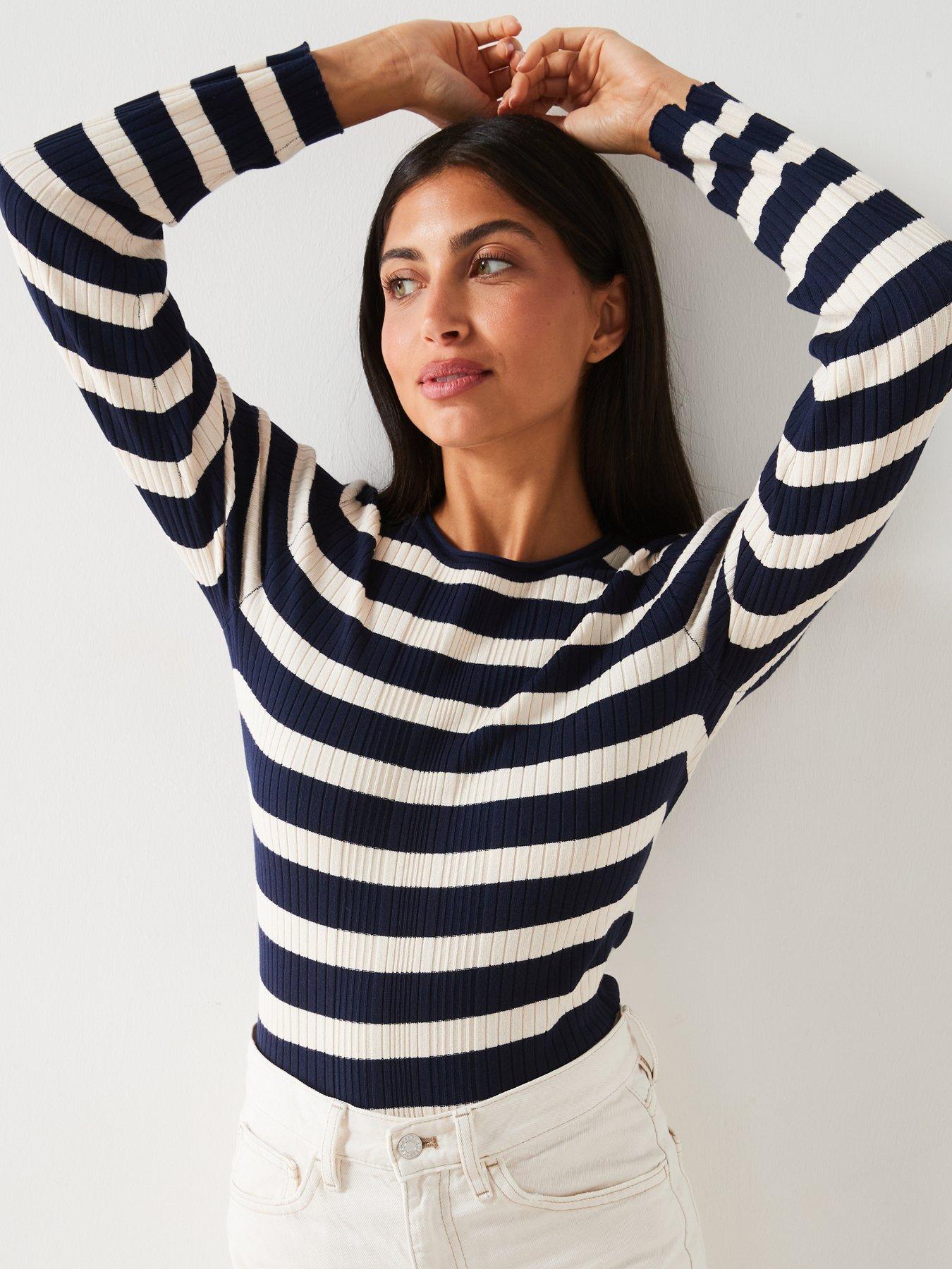 Everyday Ribbed Knitted Stripe Top - Navy / White | Very