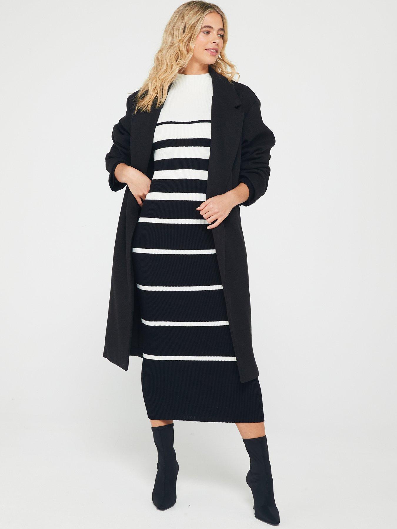 Everyday High Neck Stripe Knitted Midi Dress - Black and Ivory | Very