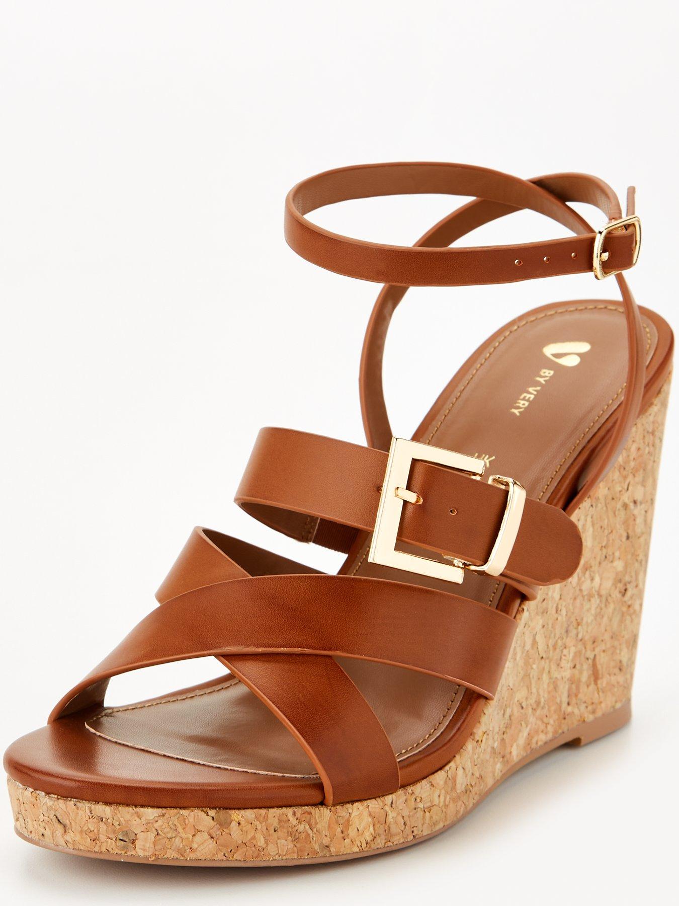 V by Very Buckle Strappy Wedge Sandal - Brown | Very