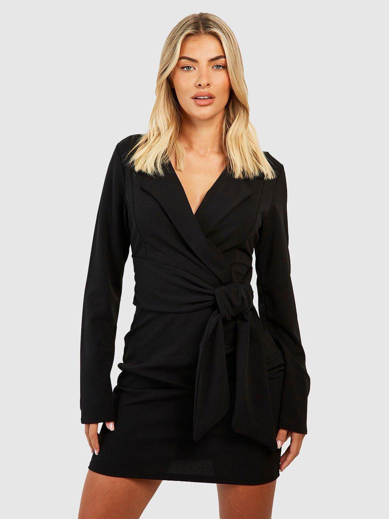 Boohoo Crepe Tie Waist Blazer Dress - Black | very.co.uk