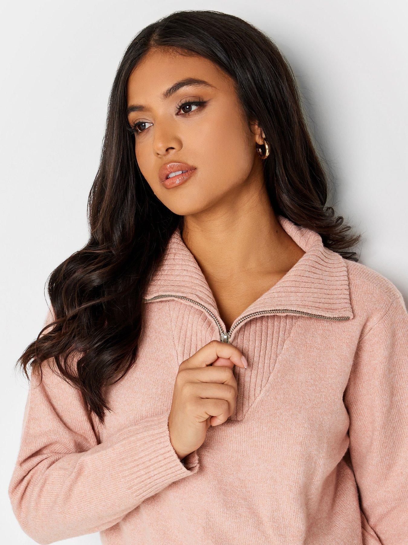PixieGirl Petite Zip Funnel Neck Jumper - Pink | Very.co.uk