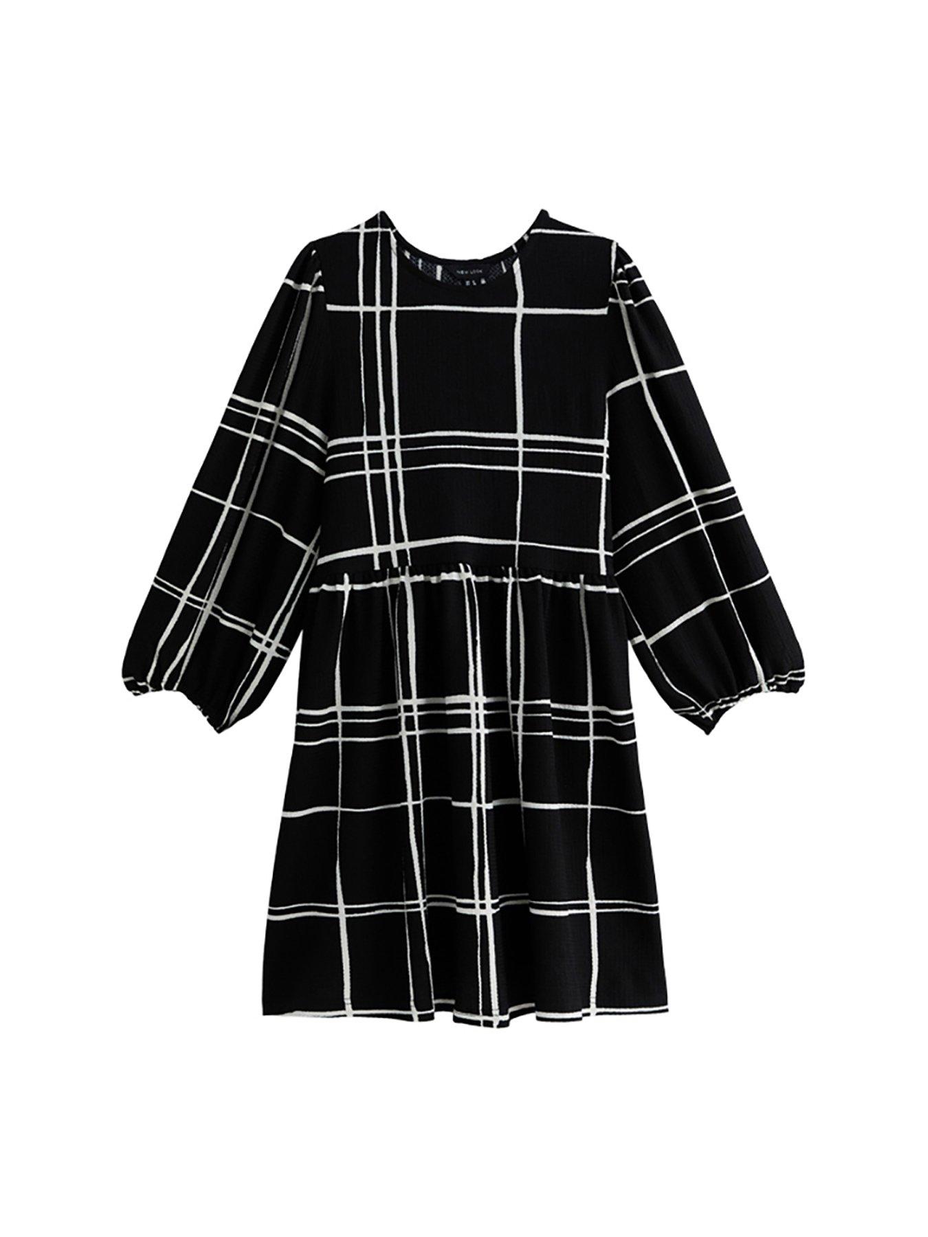 New Look Black Check Crinkle Puff Sleeve Smock Mini Dress | Very.co.uk