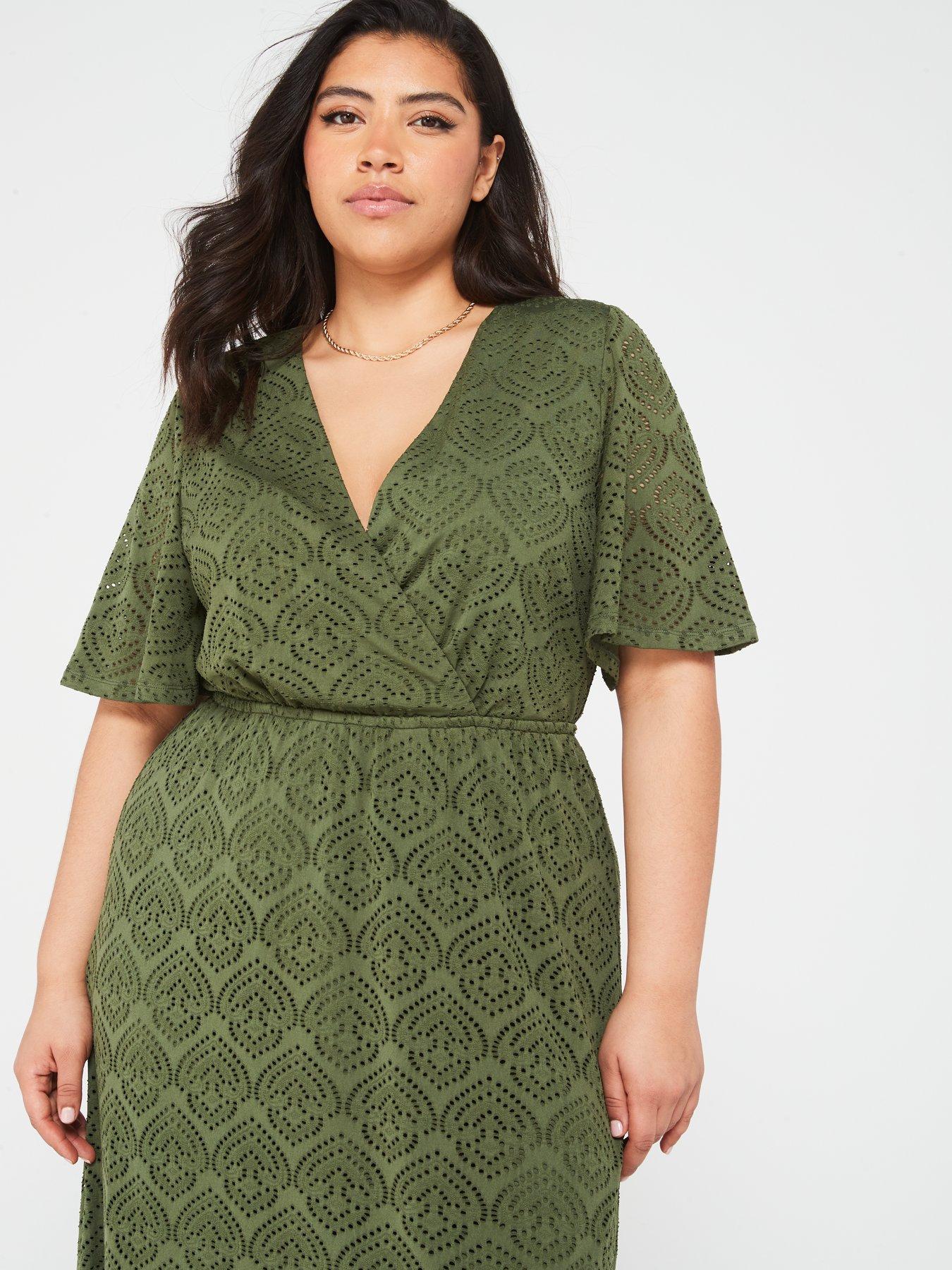 V by Very Curve Lace Sequinned Wrap Midi Dress - Green | Very