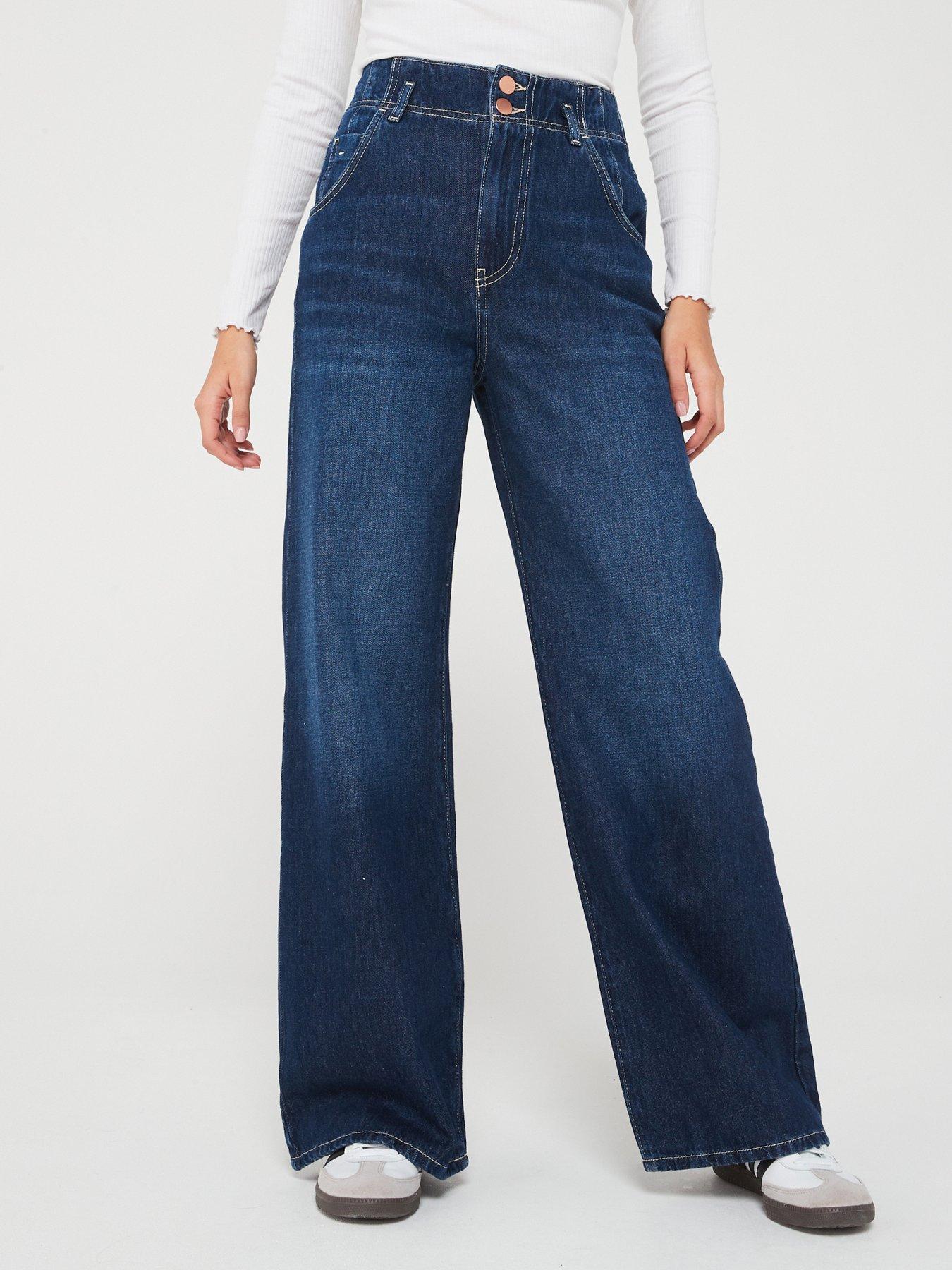 V by Very Double Button Wide Leg Jeans - Dark Wash Blue | Very