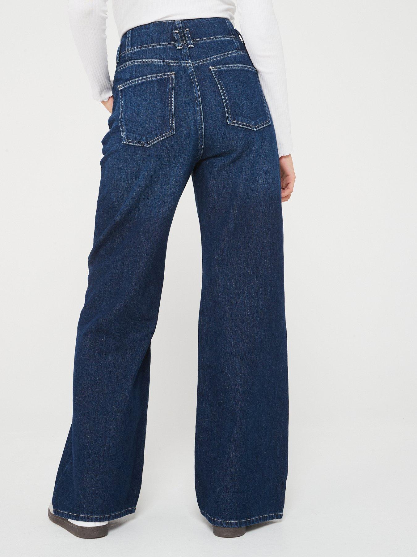 V by Very Double Button Wide Leg Jeans - Dark Wash Blue | Very
