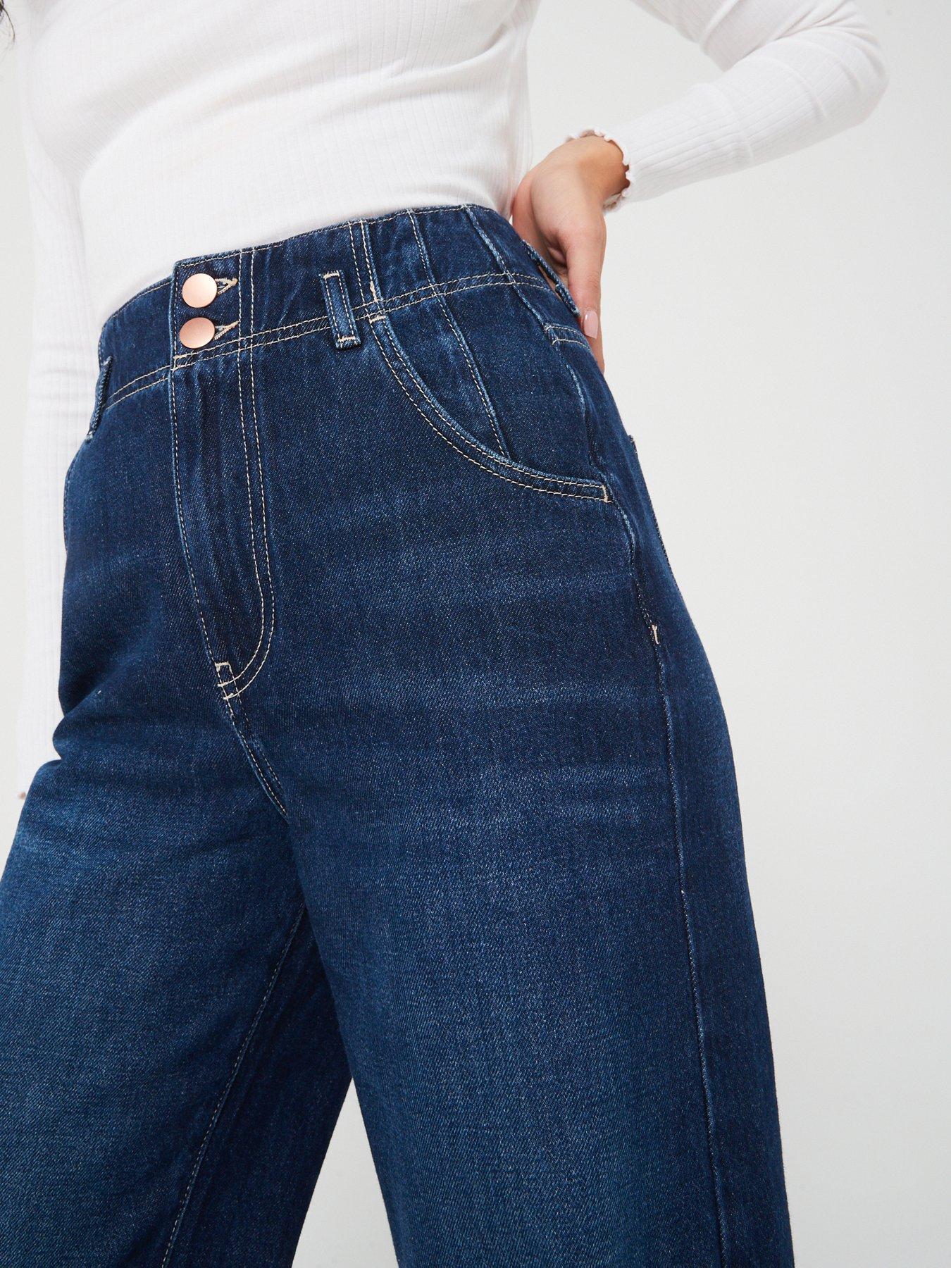 V by Very Double Button Wide Leg Jeans - Dark Wash Blue | Very