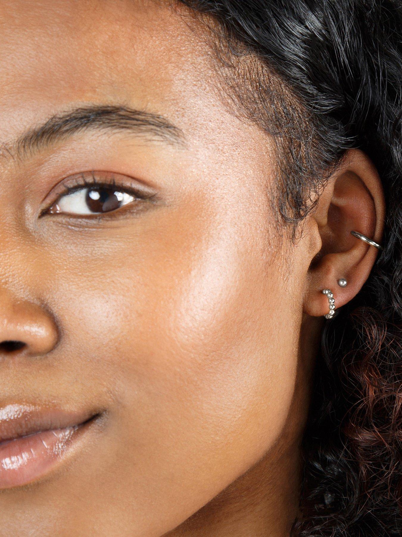 The Love Silver Collection Sterling Silver Stud Hoops, 3mm Ball Studs and Cuff Set of Earrings ...