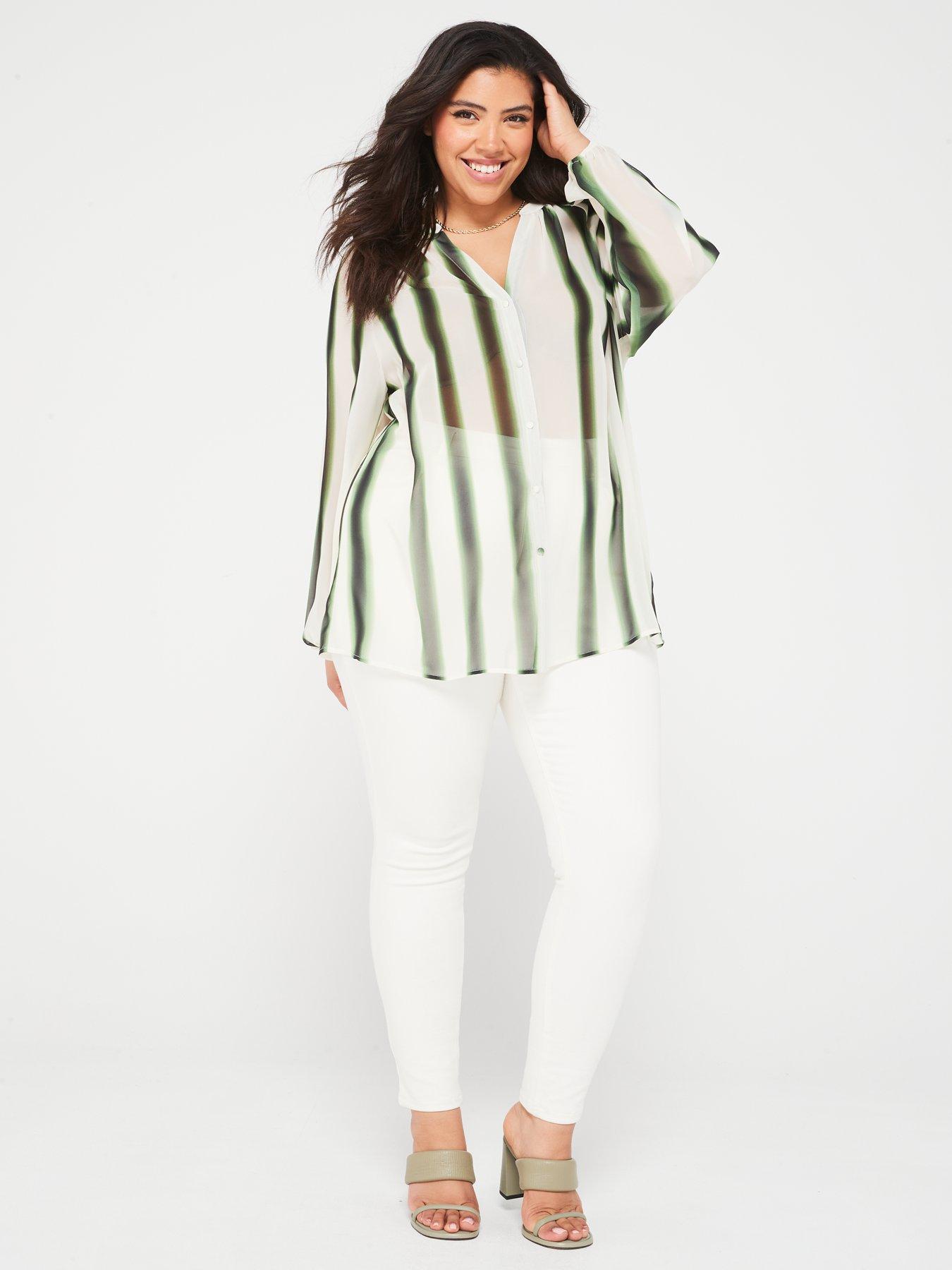 V by Very Curve Notch Neck Blurred Stripe Sheer Blouse - Green | Very