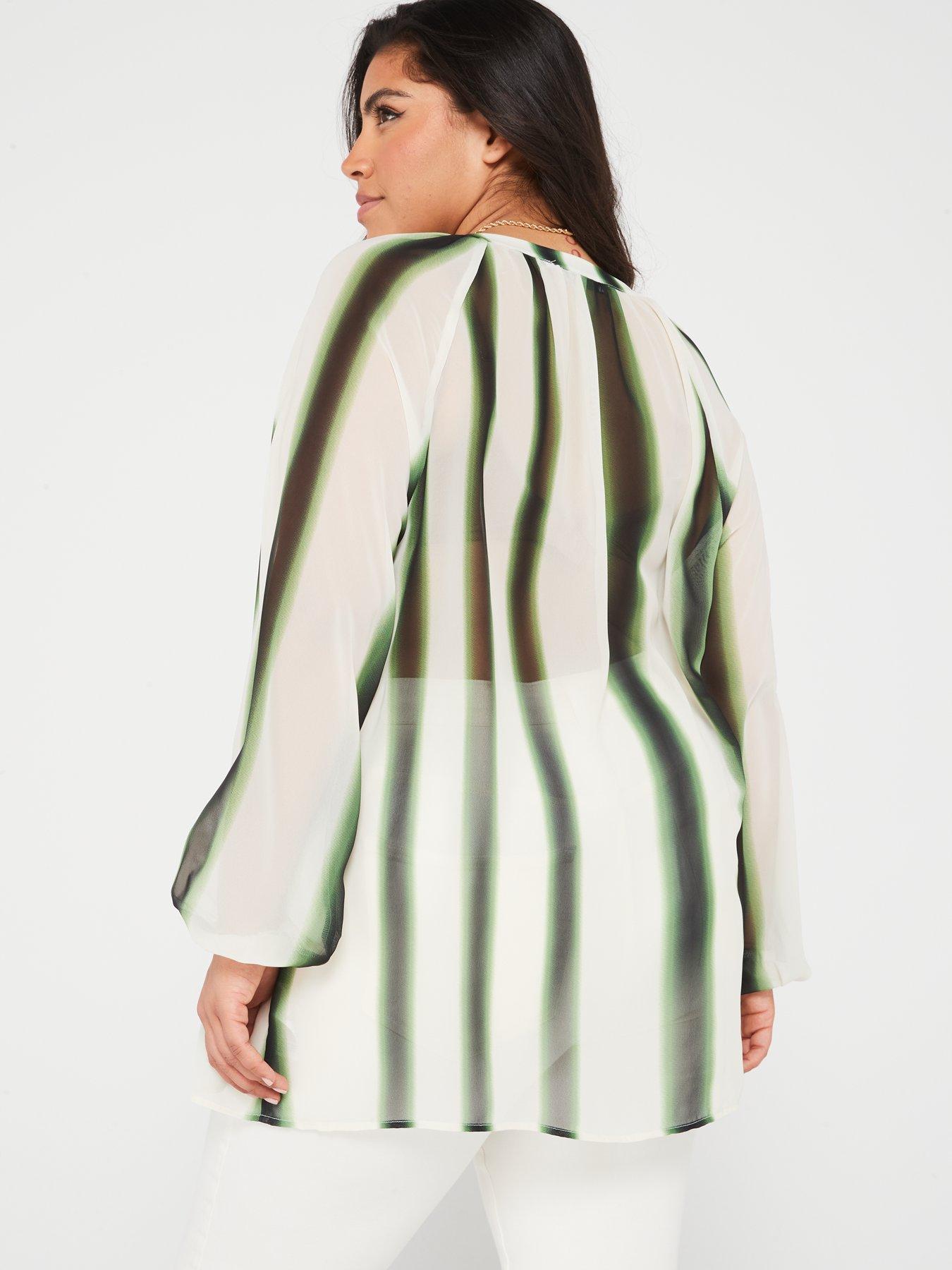V by Very Curve Notch Neck Blurred Stripe Sheer Blouse - Green | Very