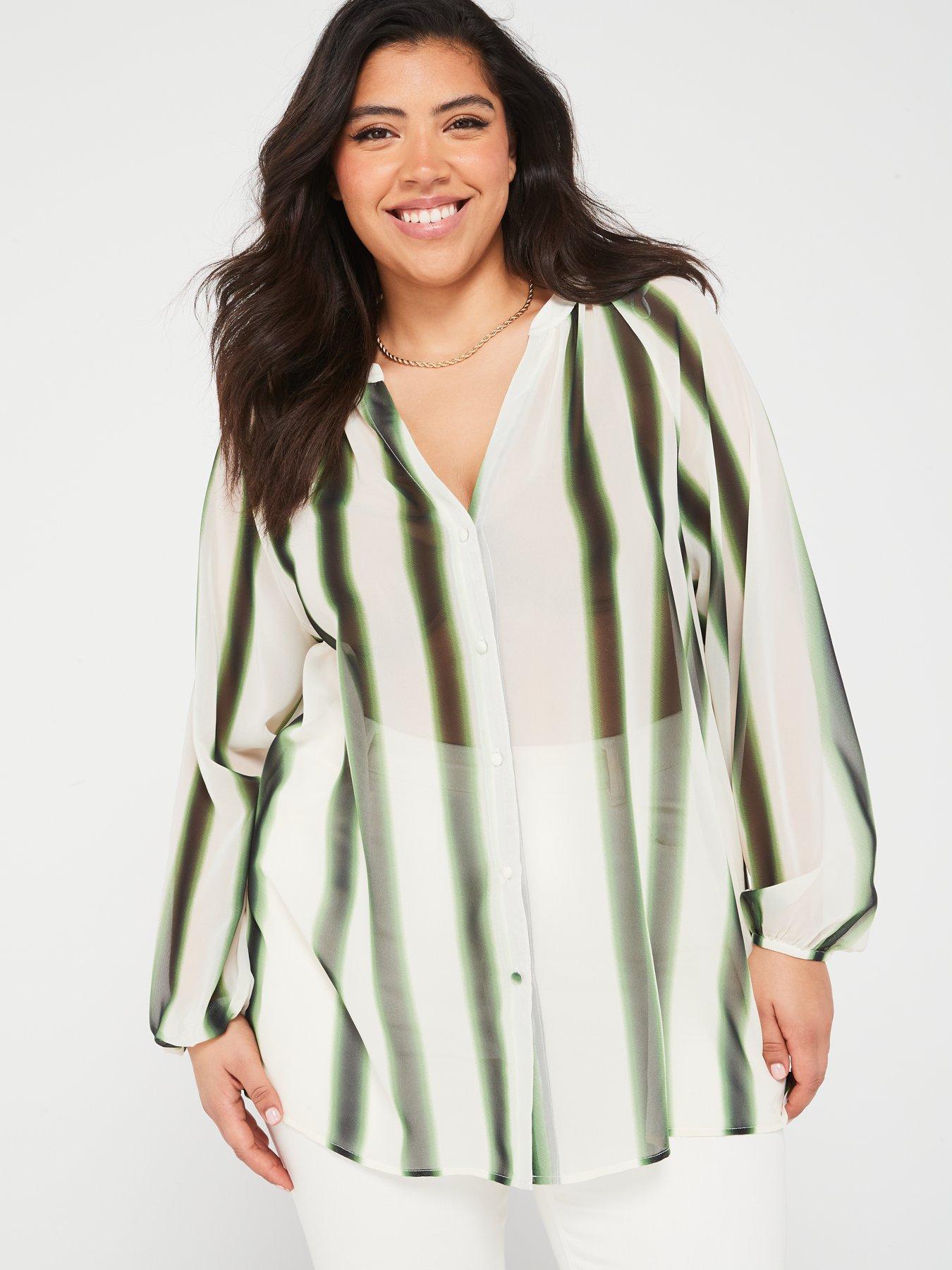 V by Very Curve Notch Neck Blurred Stripe Sheer Blouse - Green | Very