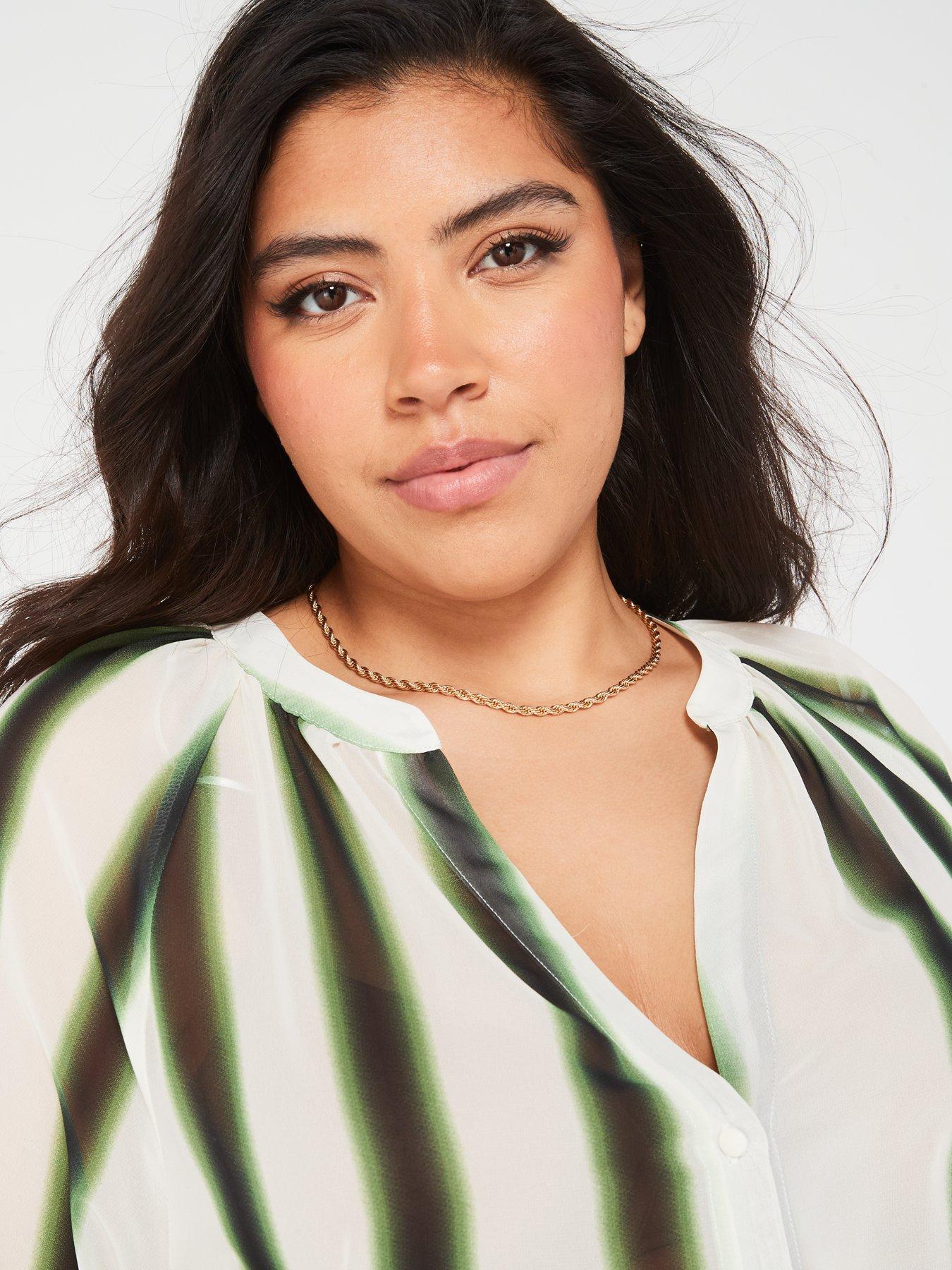 V by Very Curve Notch Neck Blurred Stripe Sheer Blouse - Green | Very