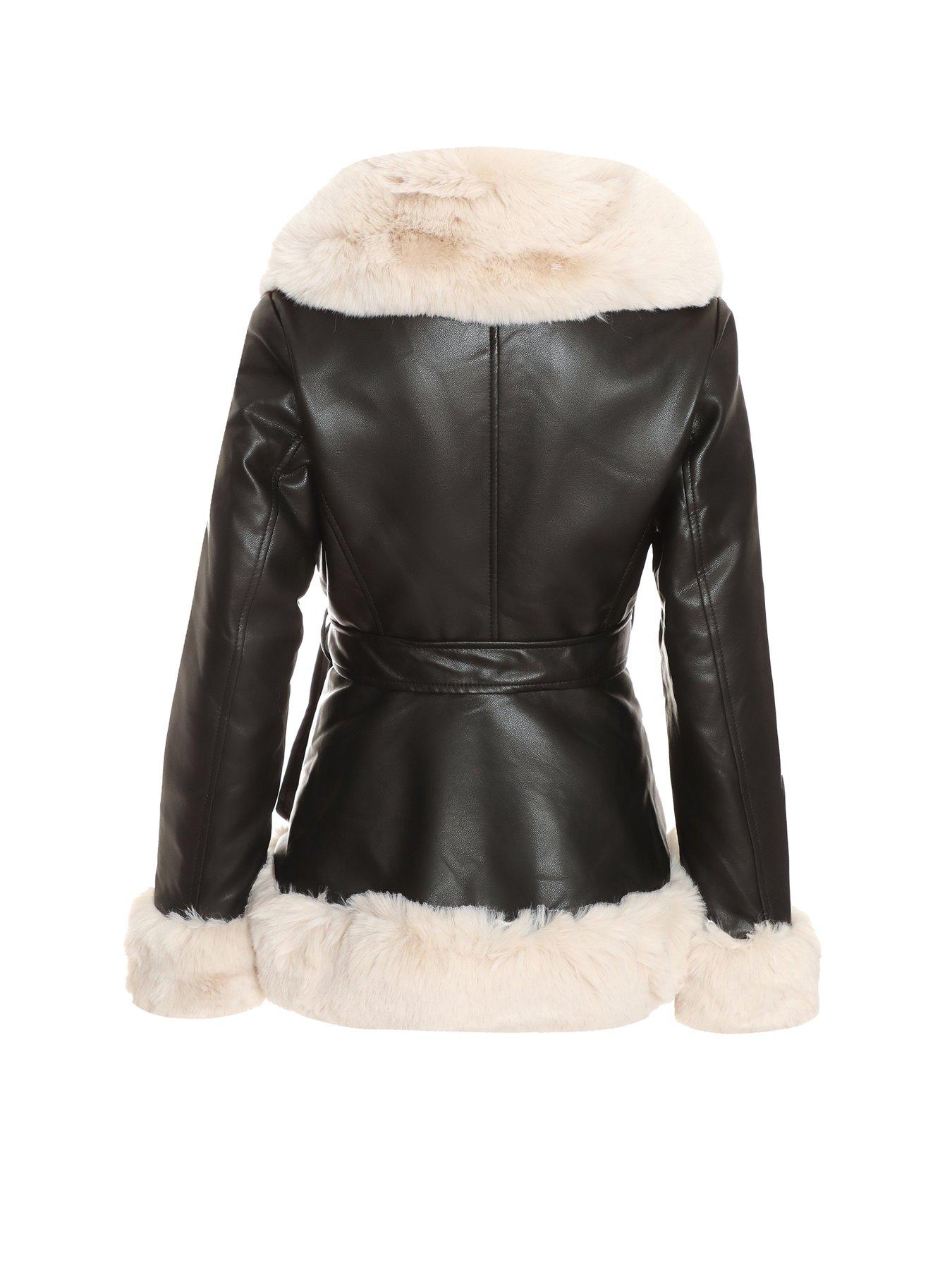 Quiz Black Faux Fur Trim Belted Jacket Uk
