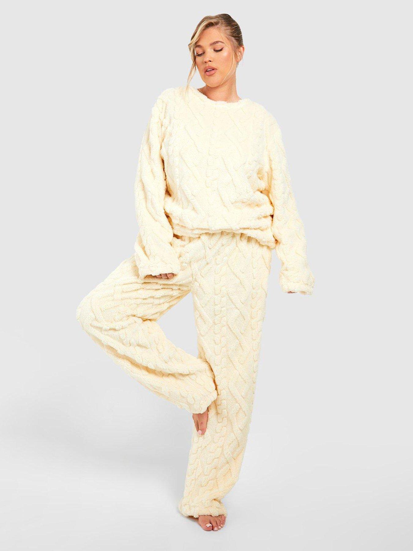 Boohoo Plus Cable Knit Fleece Lounge Sweatshirt Cream Uk