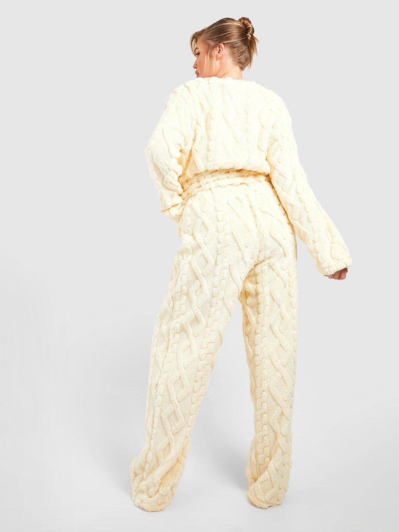 Boohoo Plus Cable Knit Fleece Wide Leg Lounge Trouser Cream Uk