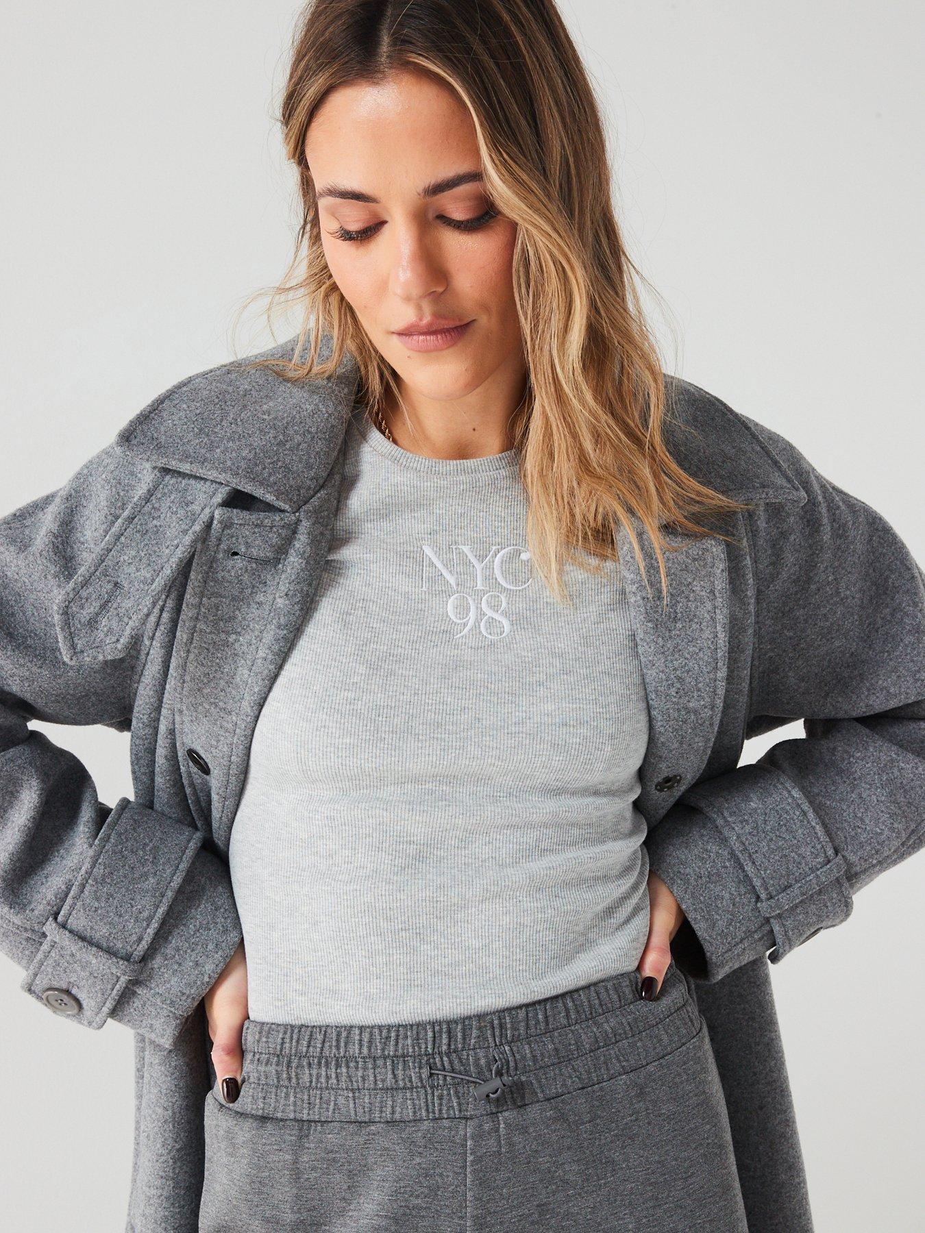 V by Very Nyc Rib Embroidery T-shirt- Grey | Very.co.uk