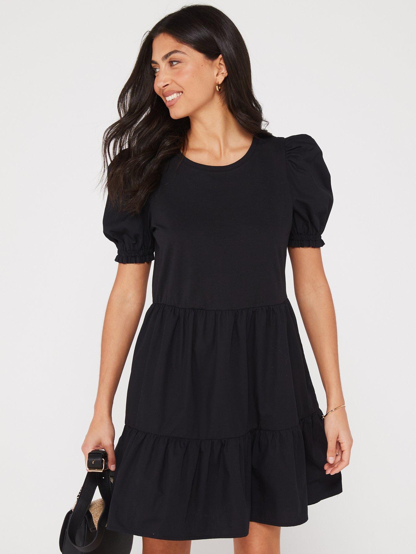 V by Very Tiered Short Sleeve Mini Dress - Black | Very