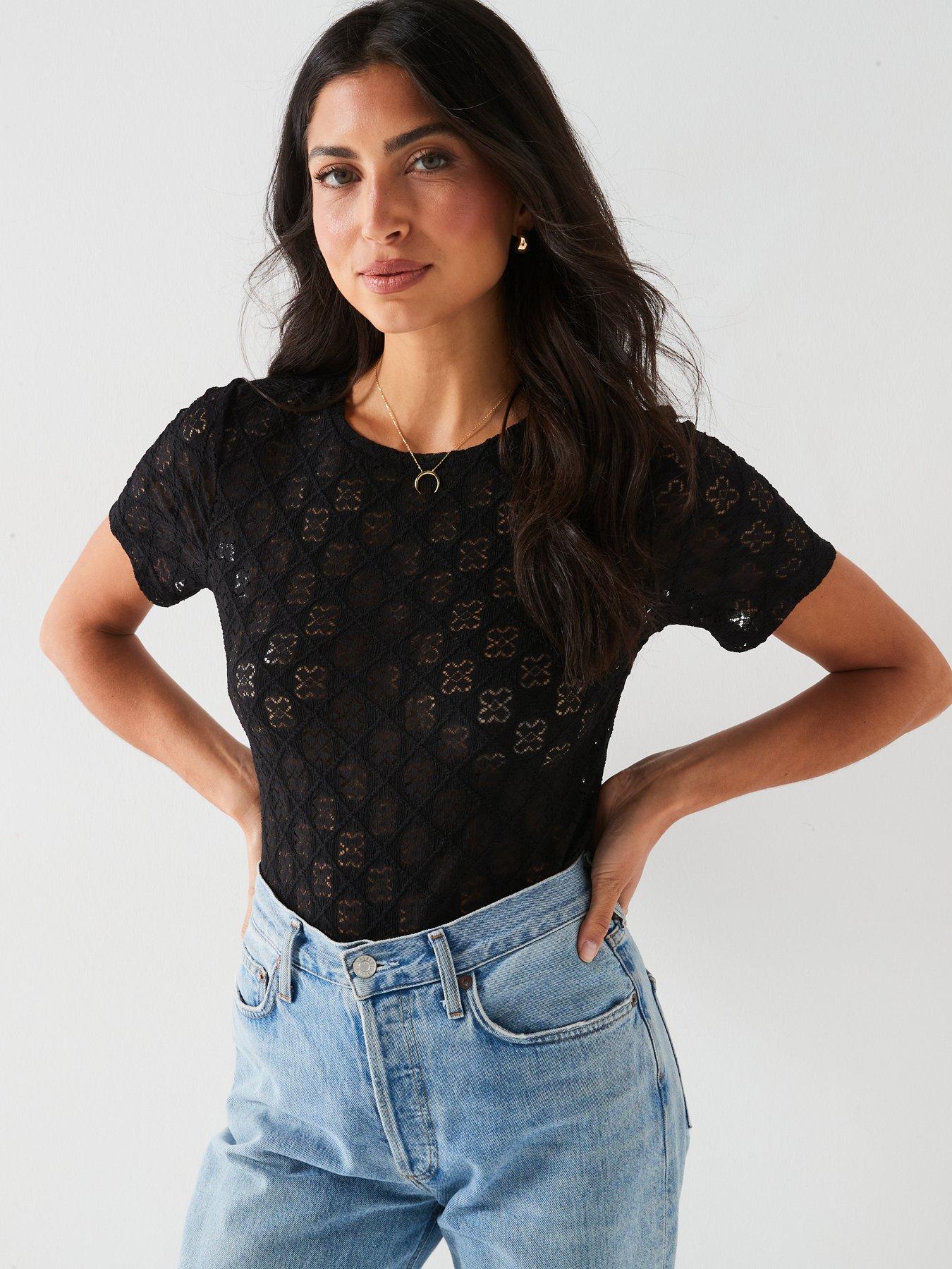 V by Very Lace Short Sleeve T-Shirt – Black | Very