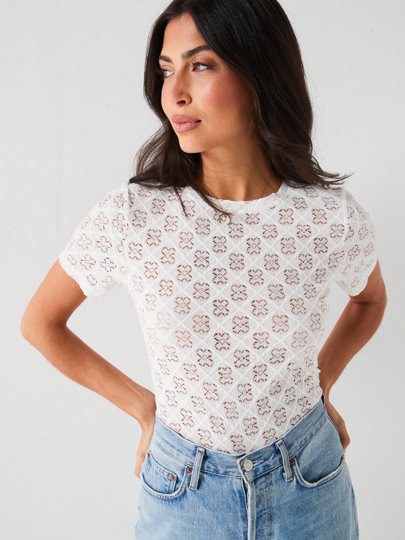 V by Very Lace Short Sleeve T-Shirt - White | Very