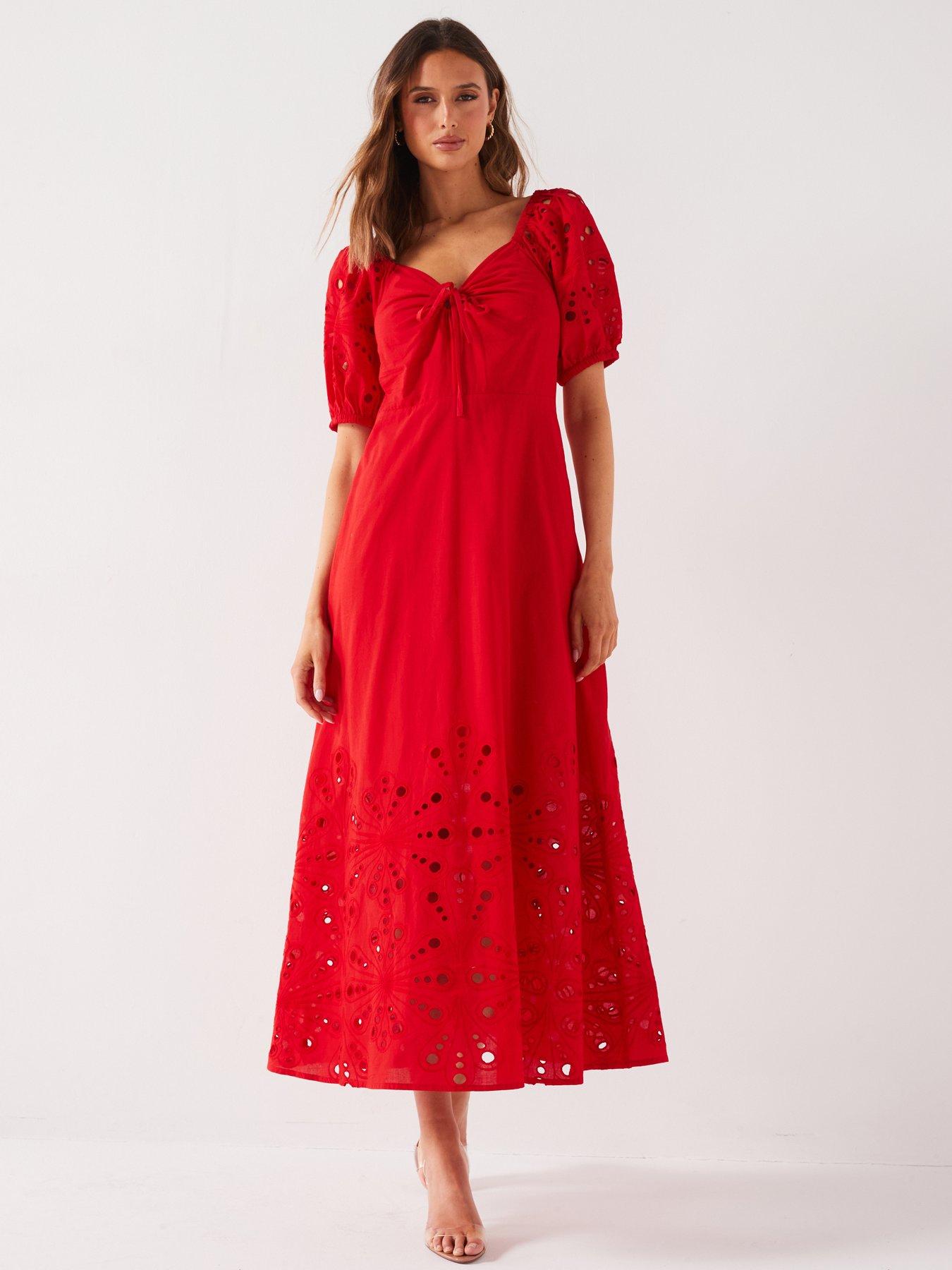 V by Very Broderie Cotton Midi Dress - Red | Very