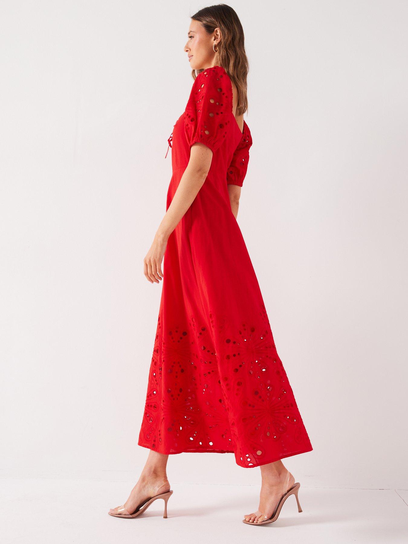V by Very Broderie Cotton Midi Dress - Red | Very