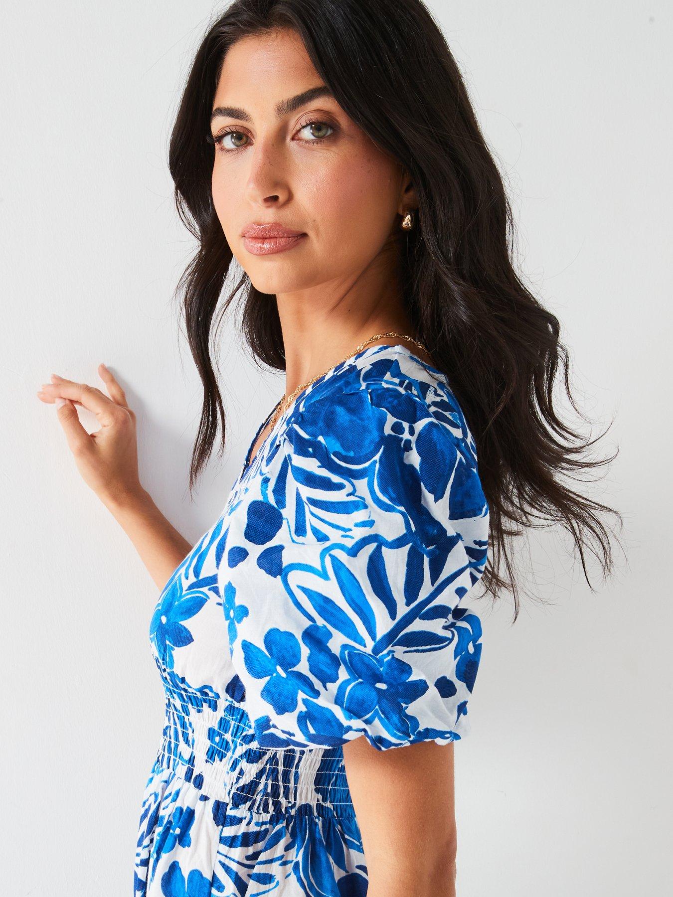 V by Very Floral Printed Cotton Midi Dress - Blue | Very.co.uk