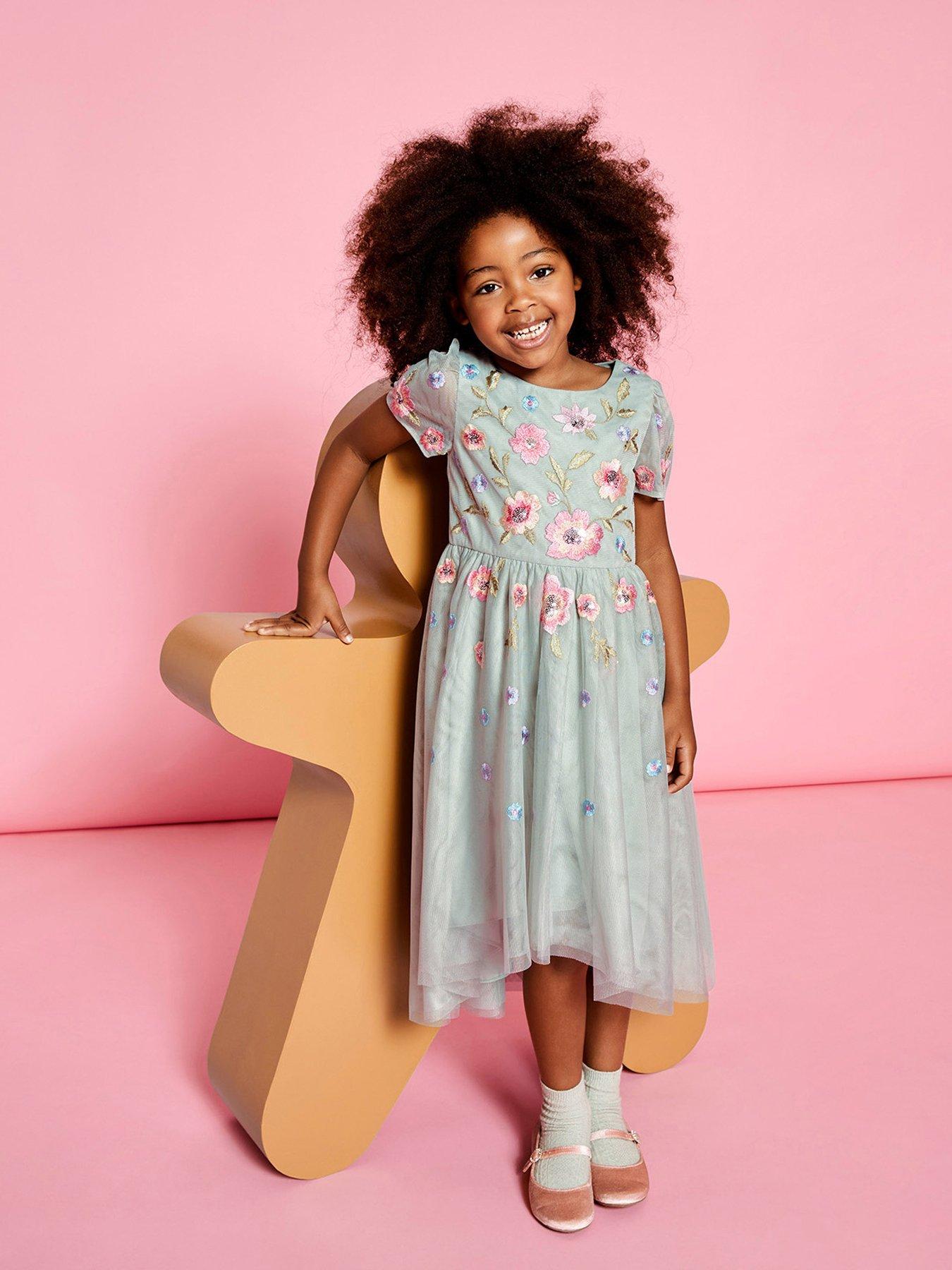 Monsoon Girls Luna Embroidered Dress - Green | Very