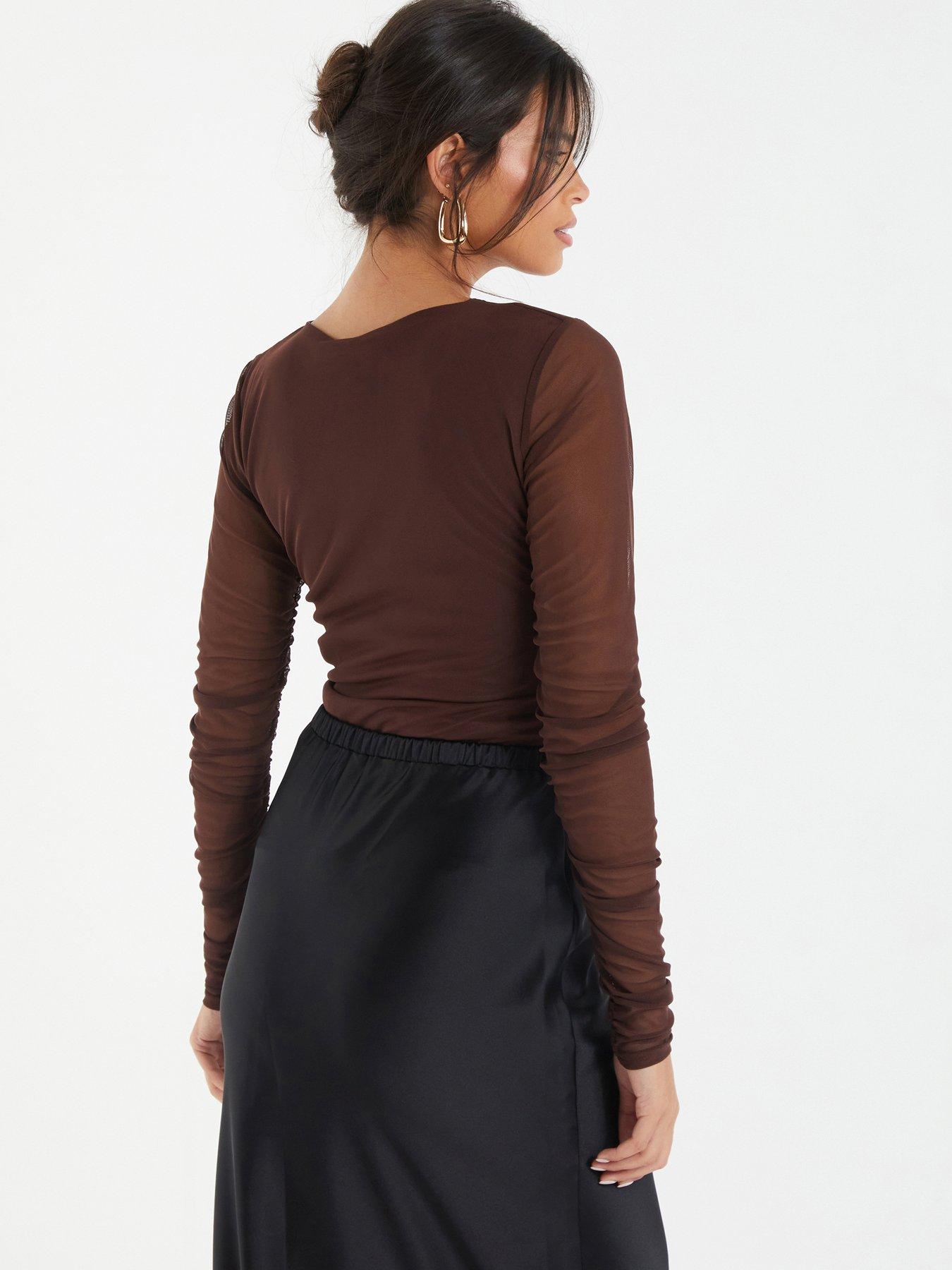 Quiz Brown Mesh Ruched Top | very.co.uk