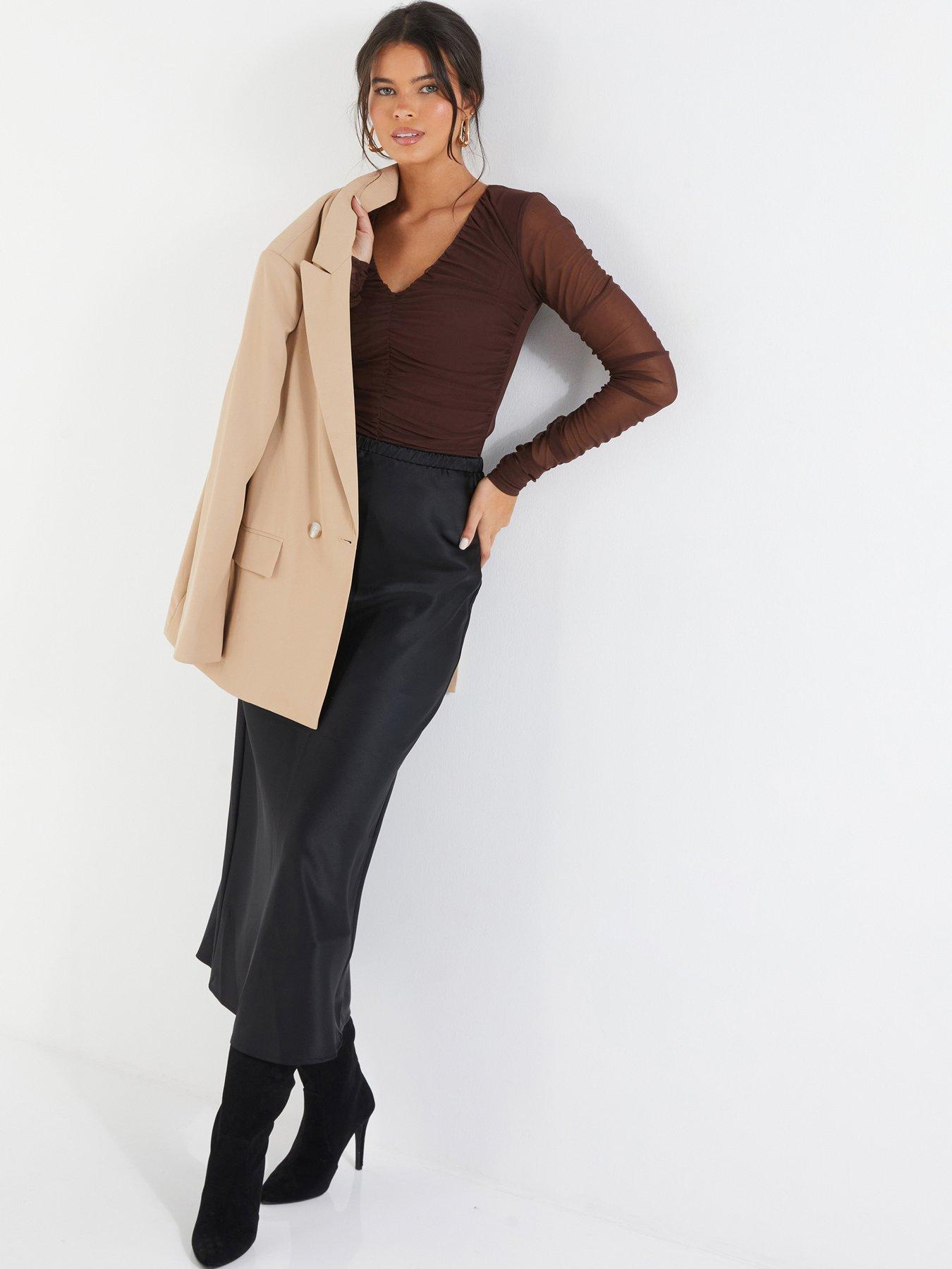 Quiz Brown Mesh Ruched Top | Very