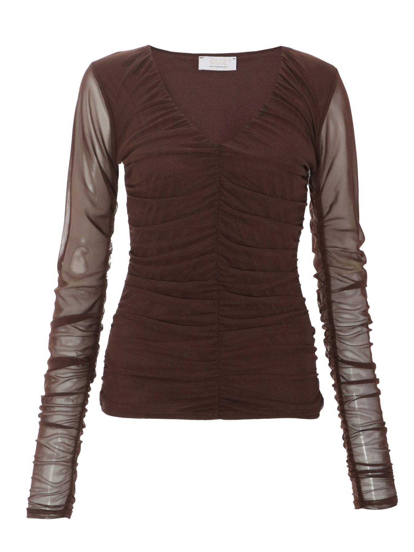 Quiz Brown Mesh Ruched Top | Very