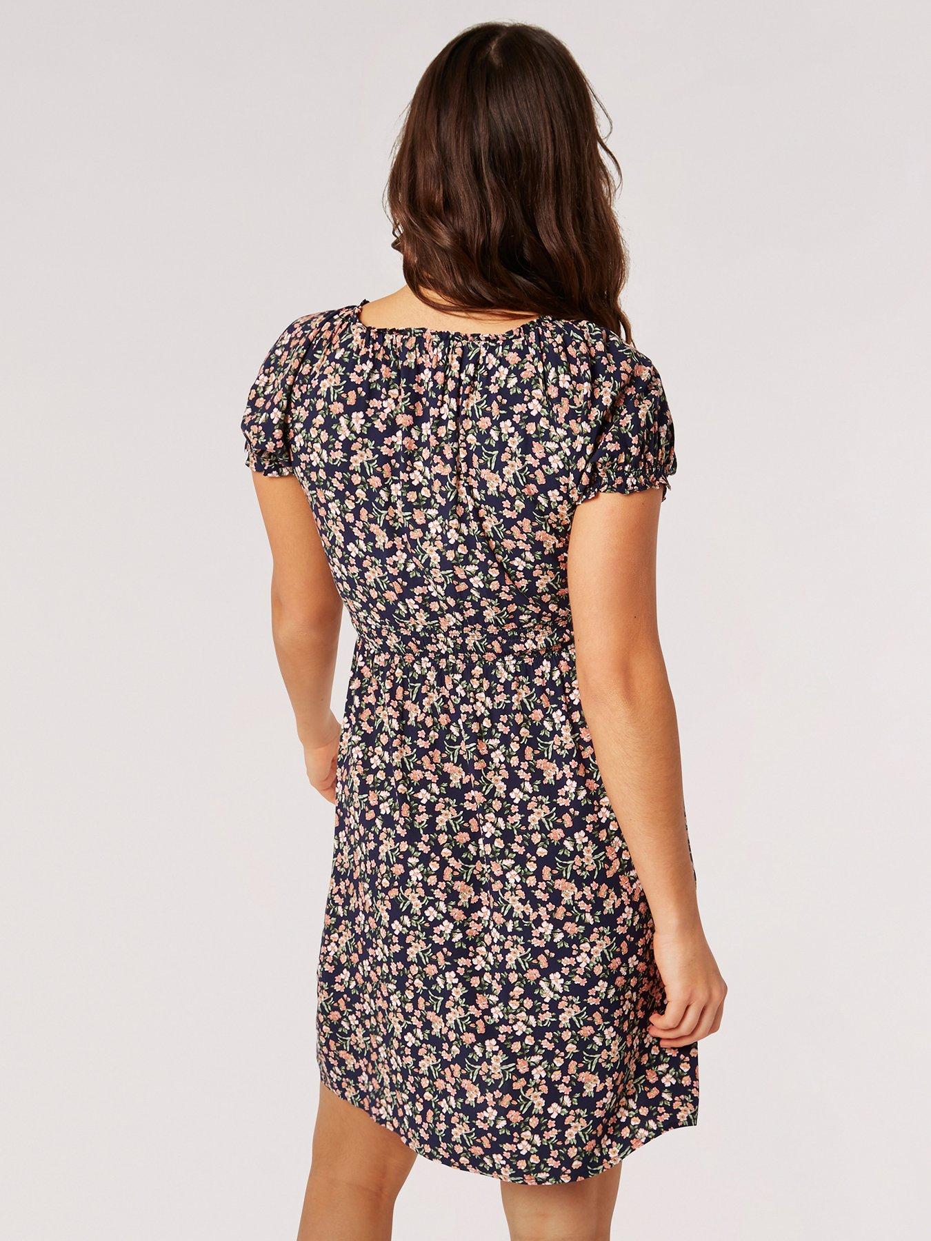 Apricot Sketched Ditsy Mini Milkmaid Dress Uk