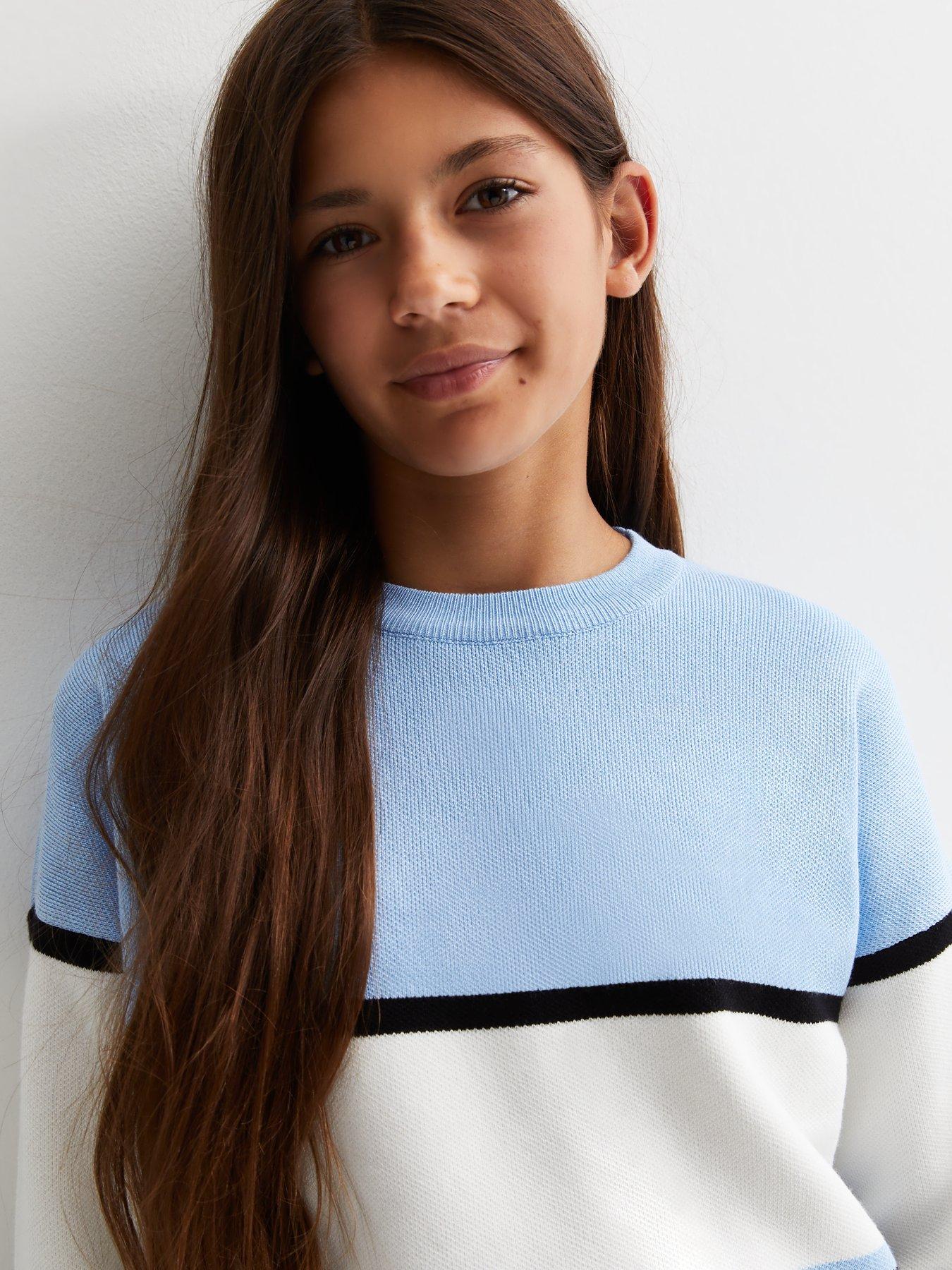 New Look 915 Girls Blue Colour Block Crew Neck Jumper | Very.co.uk