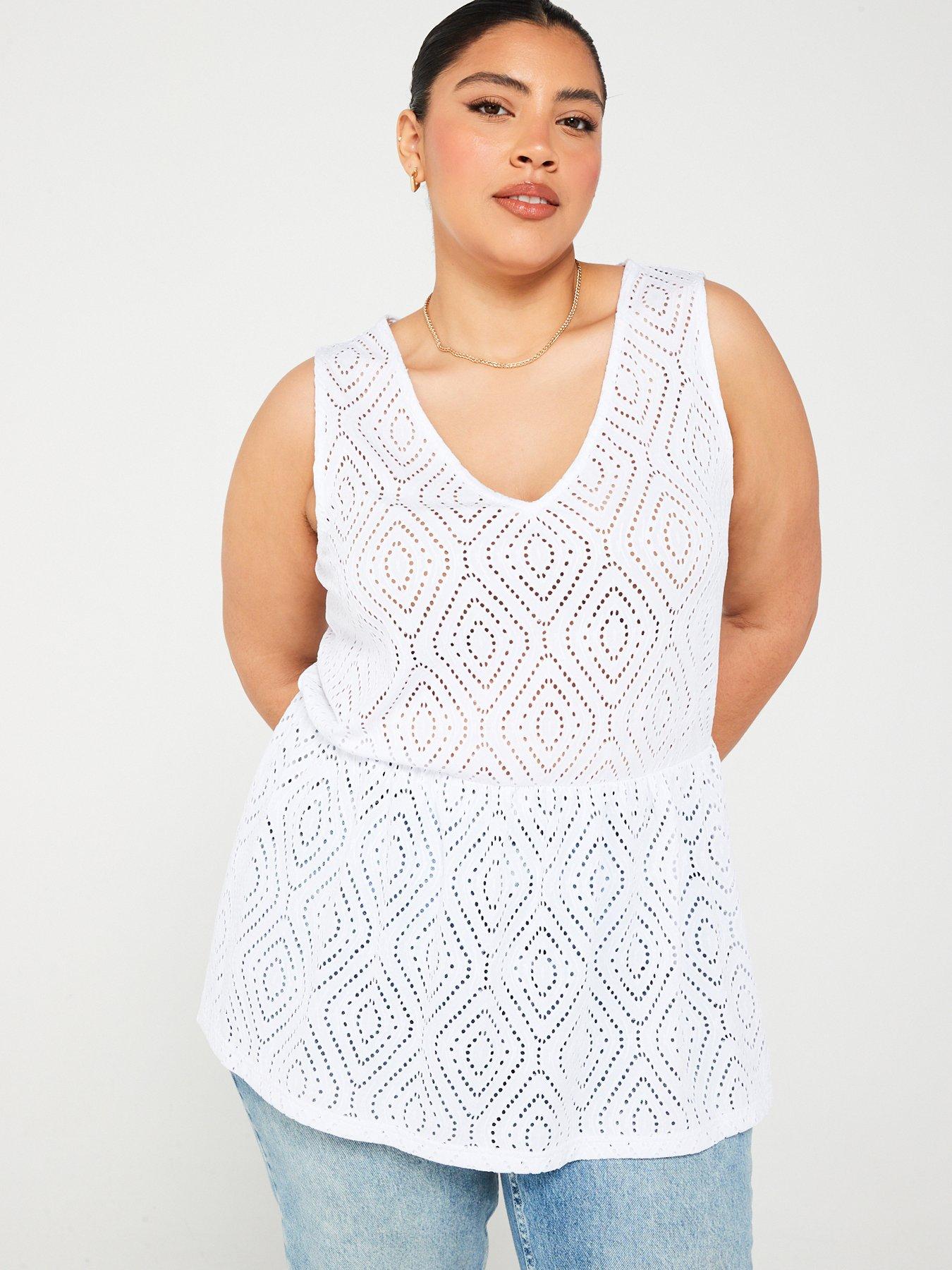 V by Very Curve V Neck Stretch Broderie Swing Vest - White | Very