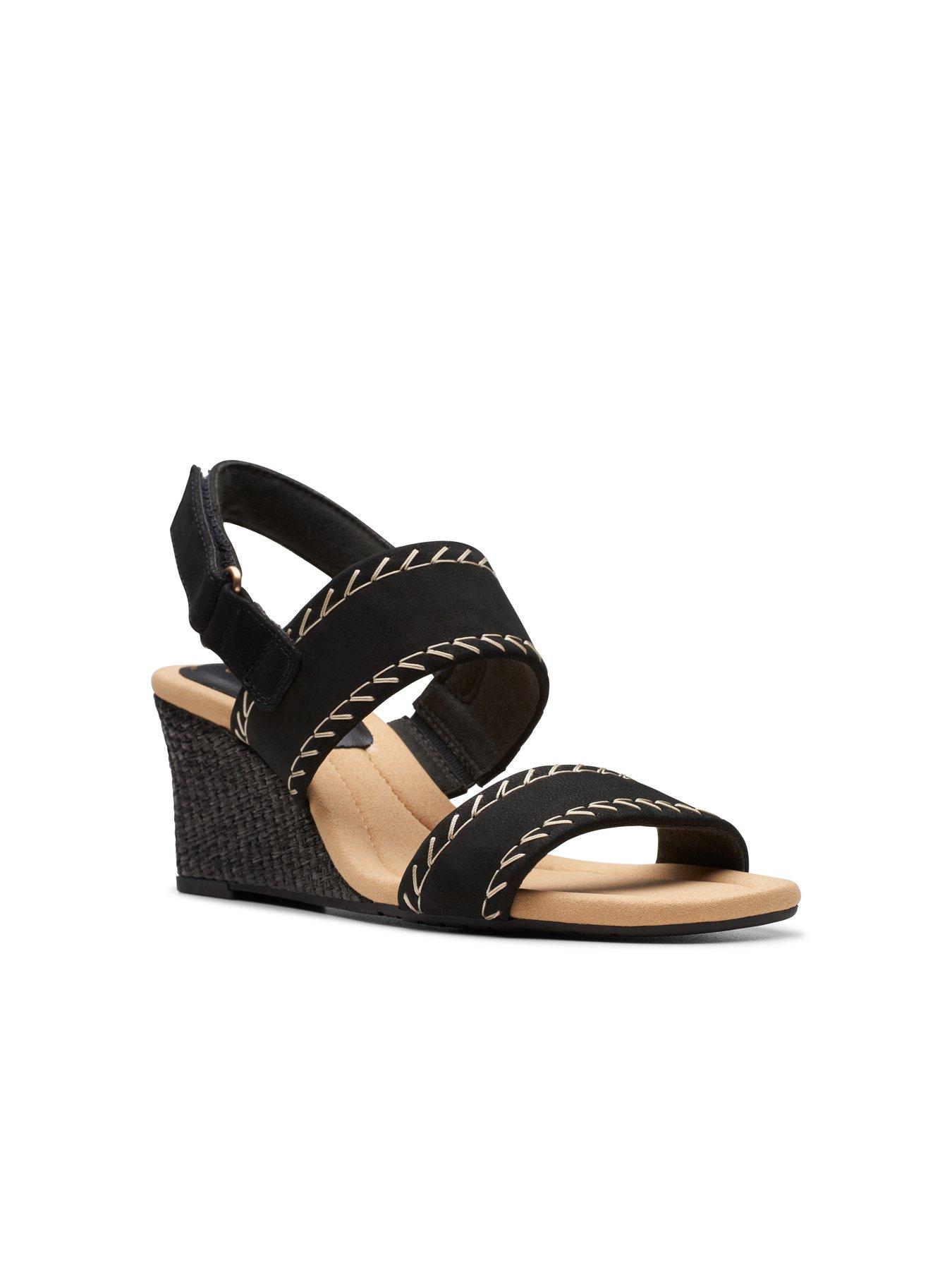Clarks Kyarra Rose Leather Wedged Heel Sandals - Black | Very.co.uk