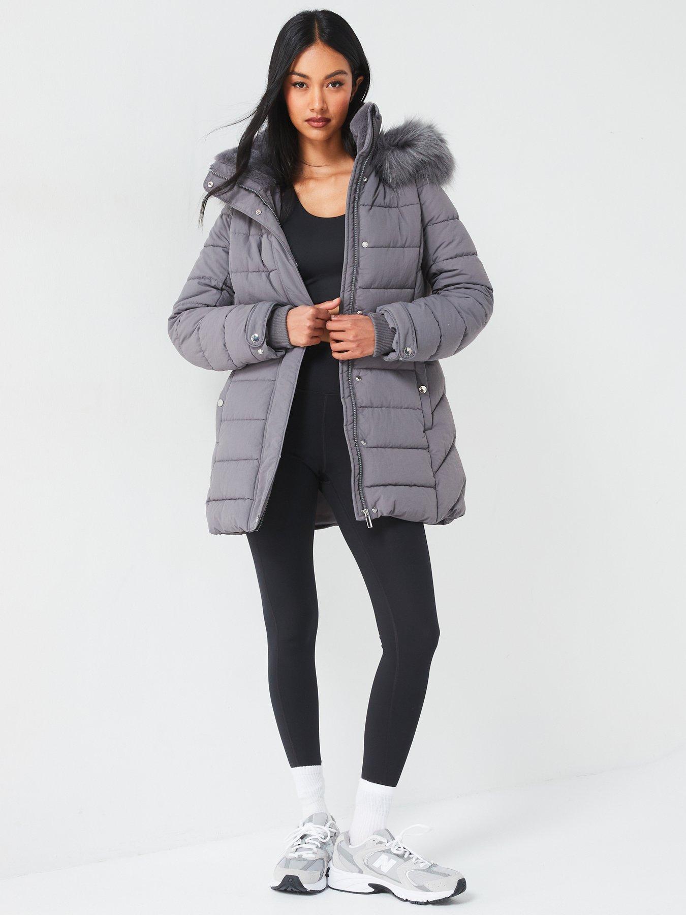 Everyday Padded Short Coat With Faux Fur Trim Hood - Grey | Very