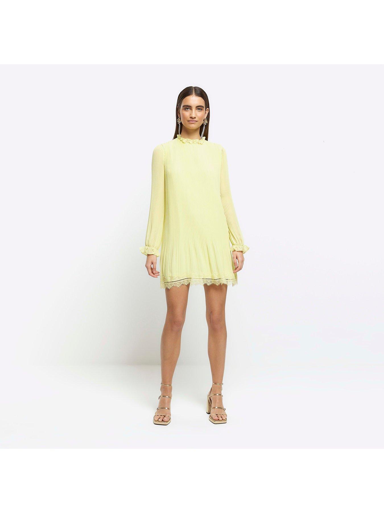 River Island Pleated Lace Hem Dress Yellow Uk