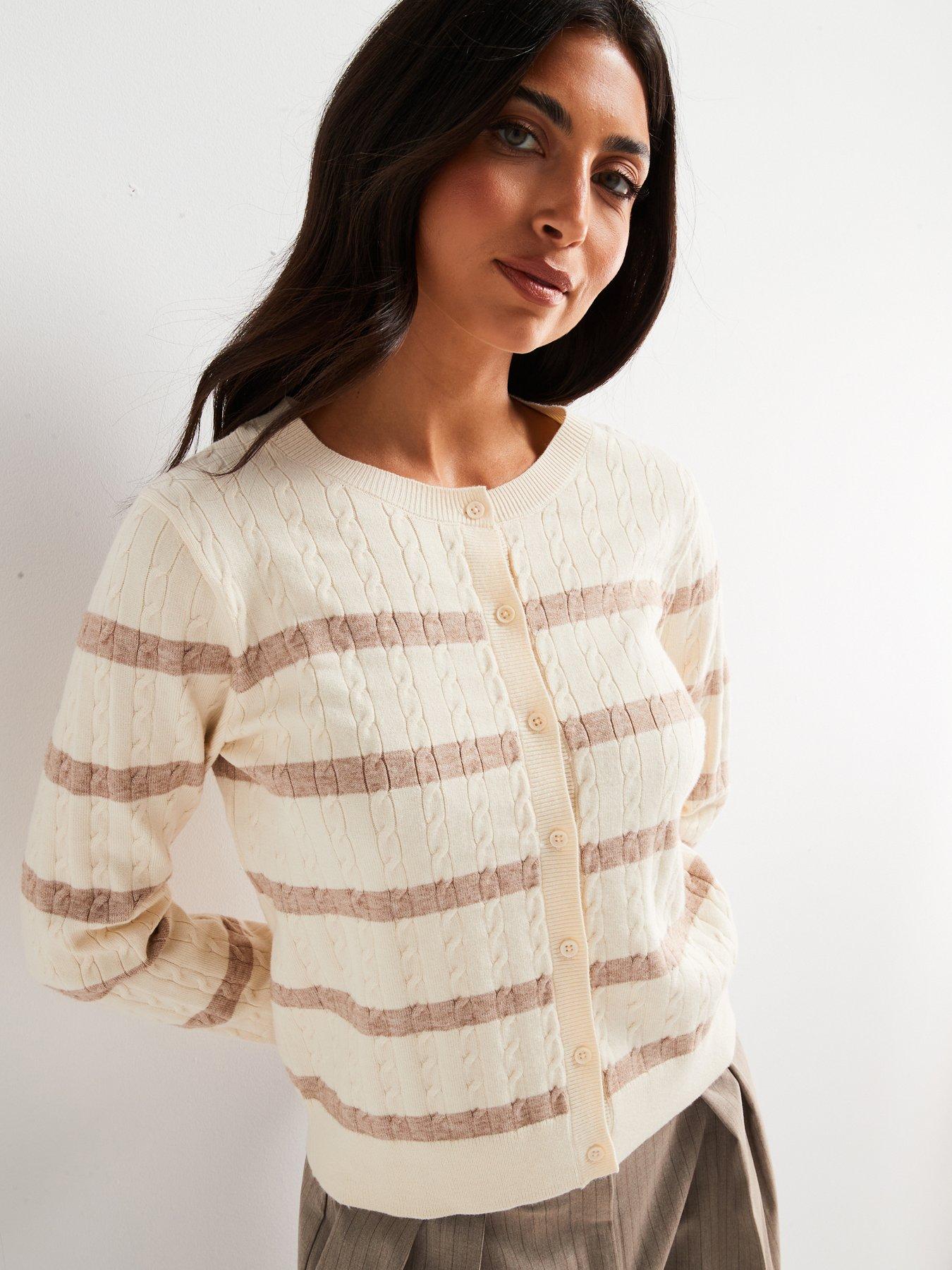 Everyday Crew Neck Cable Knit Stripe Cardigan - Beige/Ivory | Very