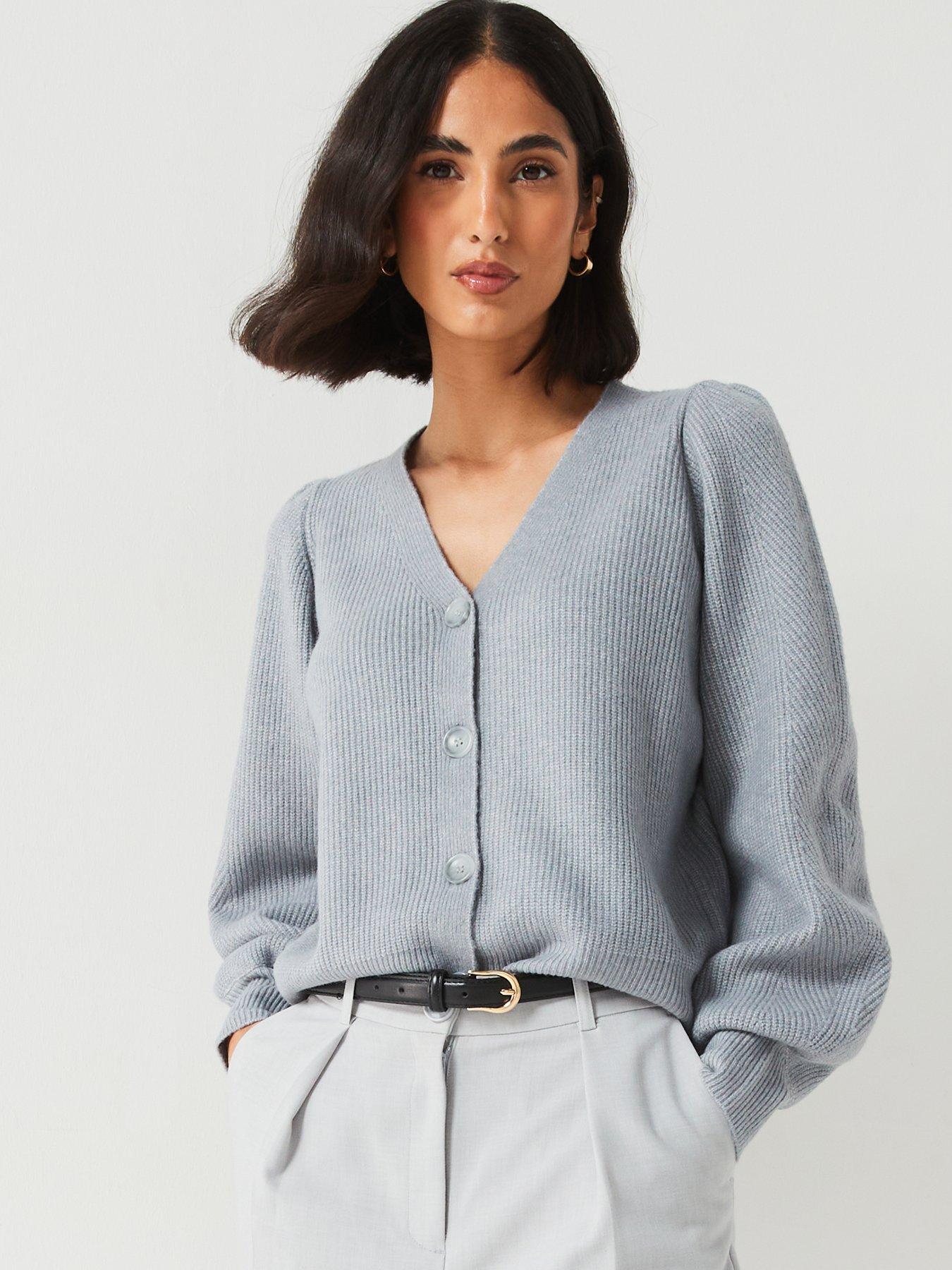 V by Very Rib V Neck Cardigan with Wool - Grey | Very