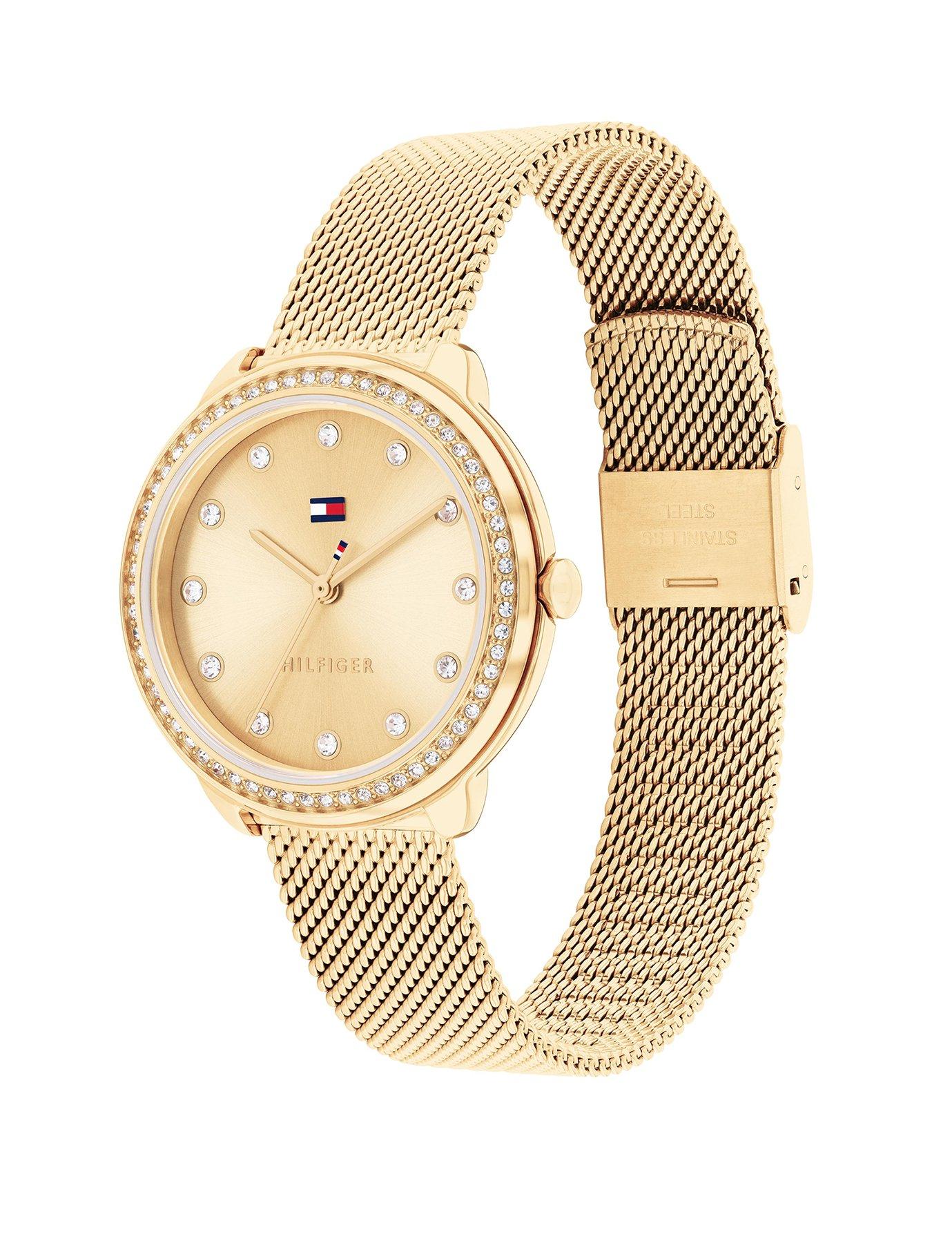Tommy Hilfiger women's gold plated mesh watch with a crystal bezel ...