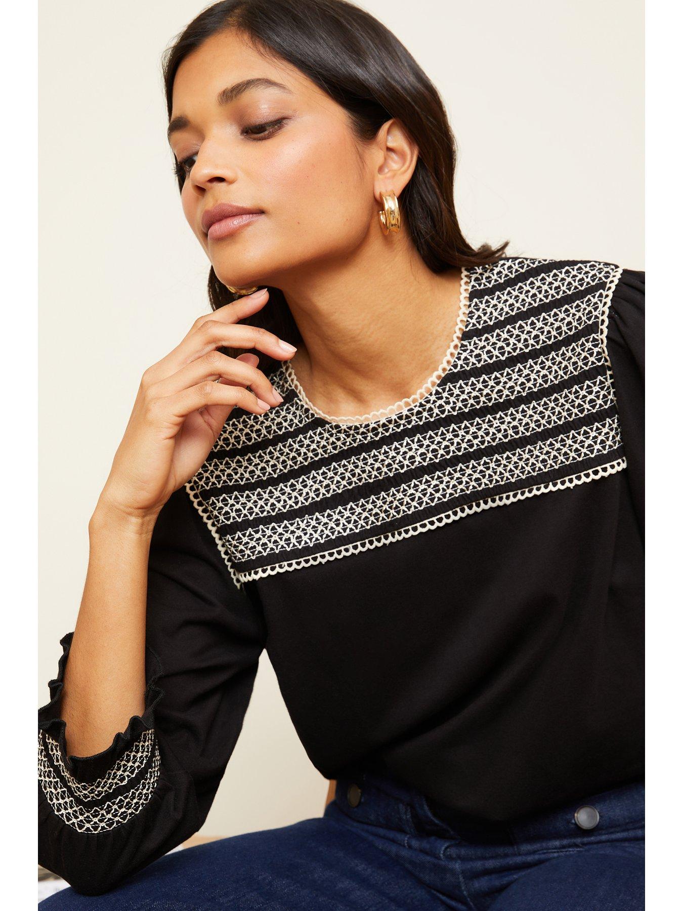 Love & Roses Contrast Trim Shirred Yoke Top - Black | Very