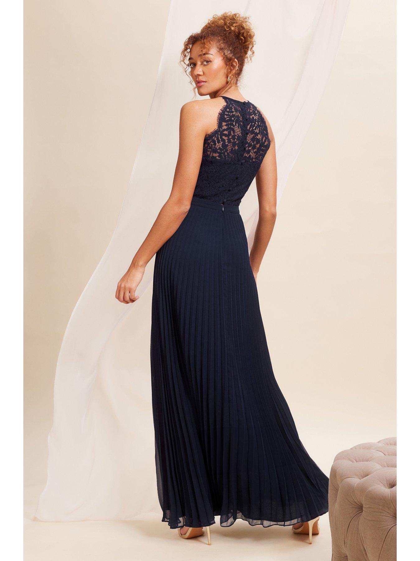 Love And Roses Navy Back Detail Halter Lace Pleated Maxi Dress Navy