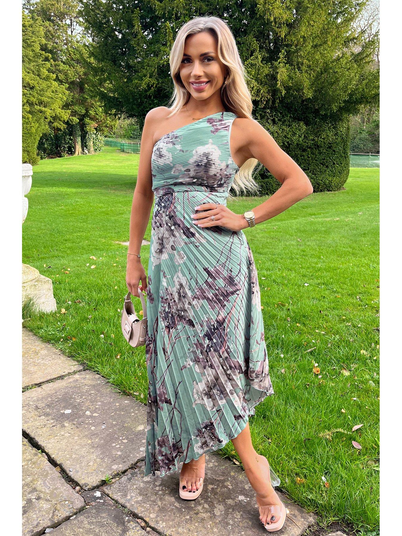 Ax Paris Duck Egg Printed One Shoulder Pleated Midi Dress Uk