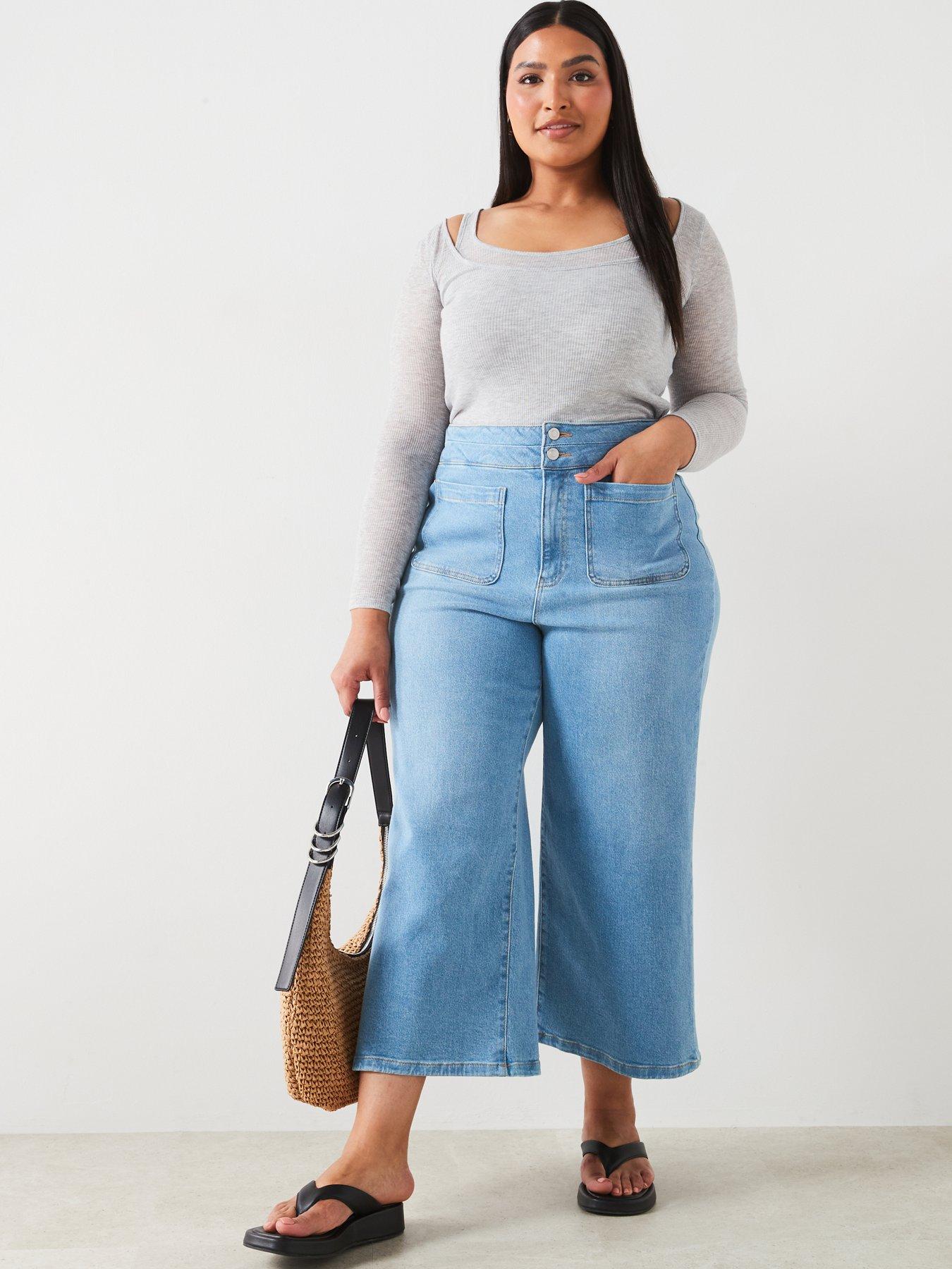 V by Very Curve Highwaisted Stretch Crop Wide Leg Jean - Blue | Very